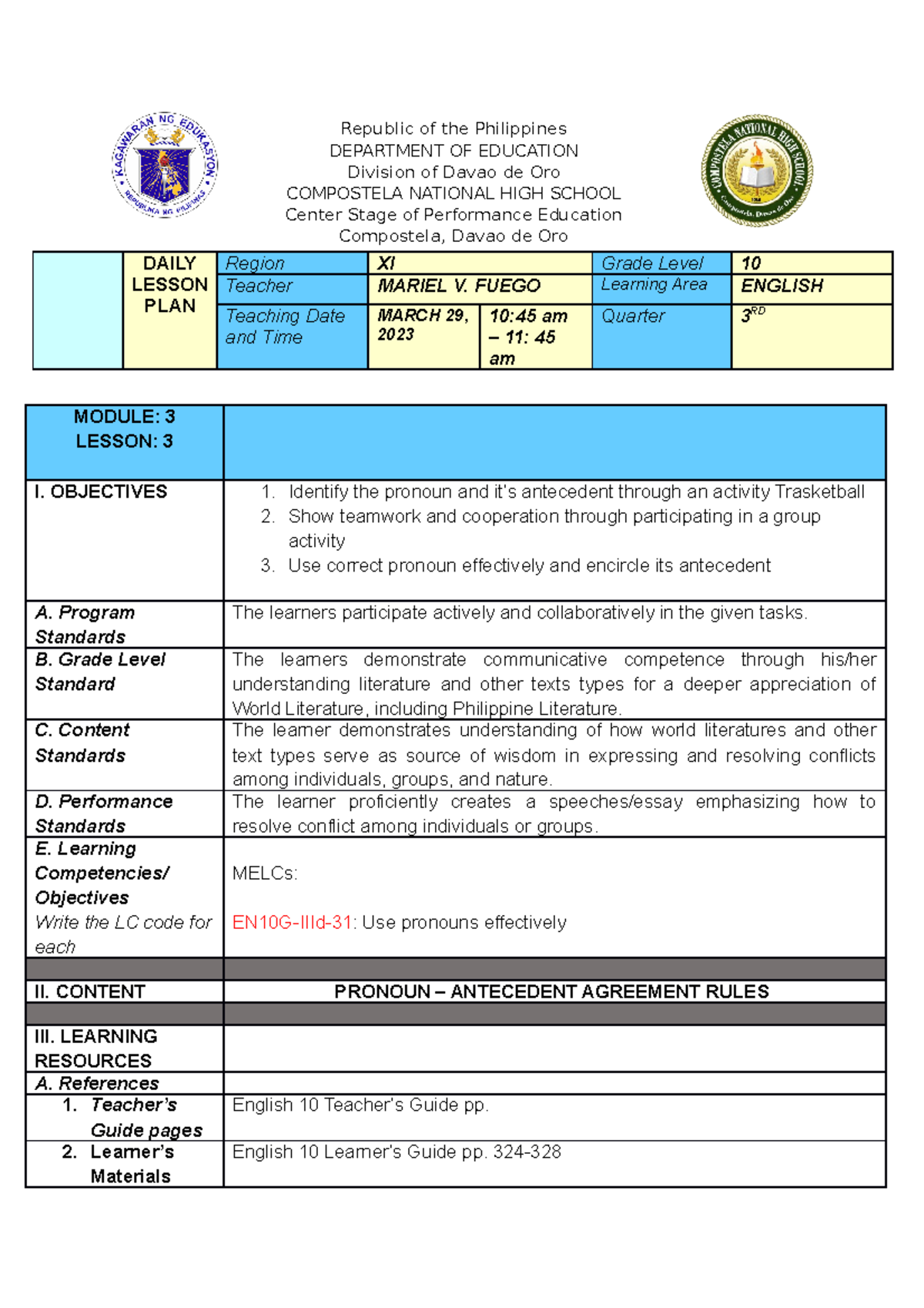 Daily Lesson Plan - DAILY LESSON PLAN Region XI Grade Level 10 Teacher ...