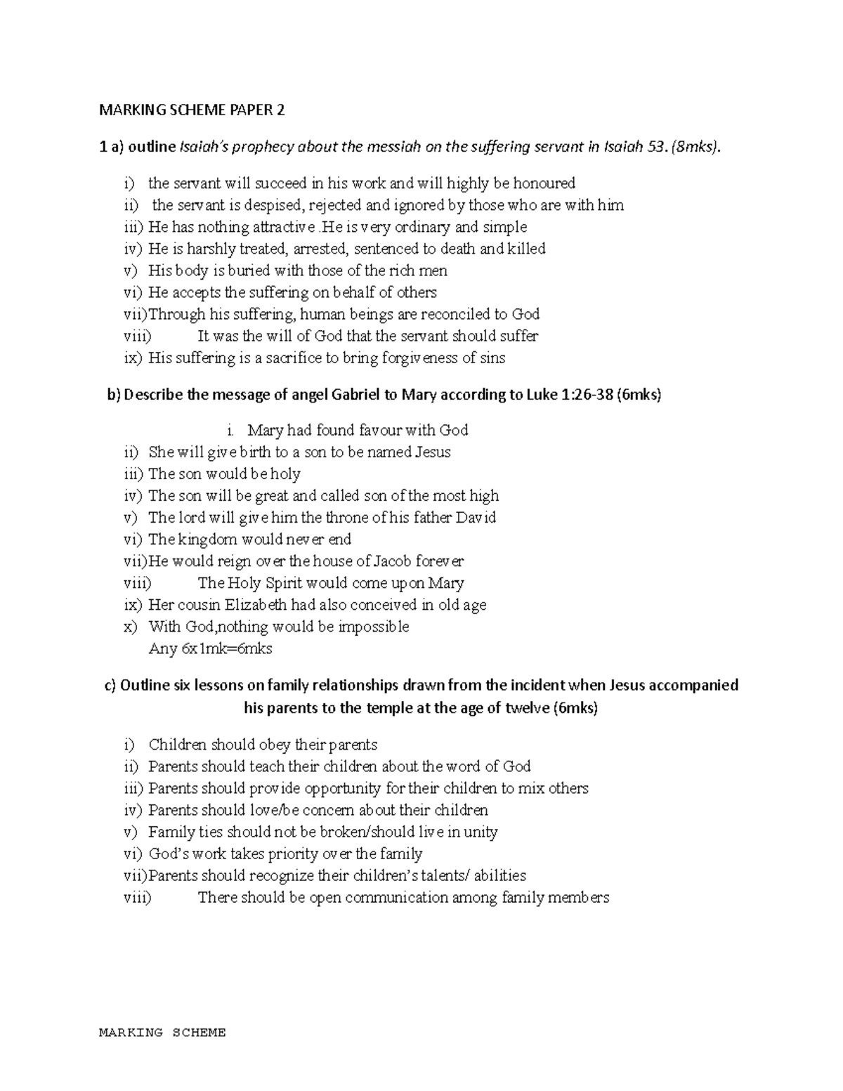 CRE P2 - MS - MARKING SCHEME PAPER 2 1 a) outline Isaiah’s prophecy about the messiah on the ...