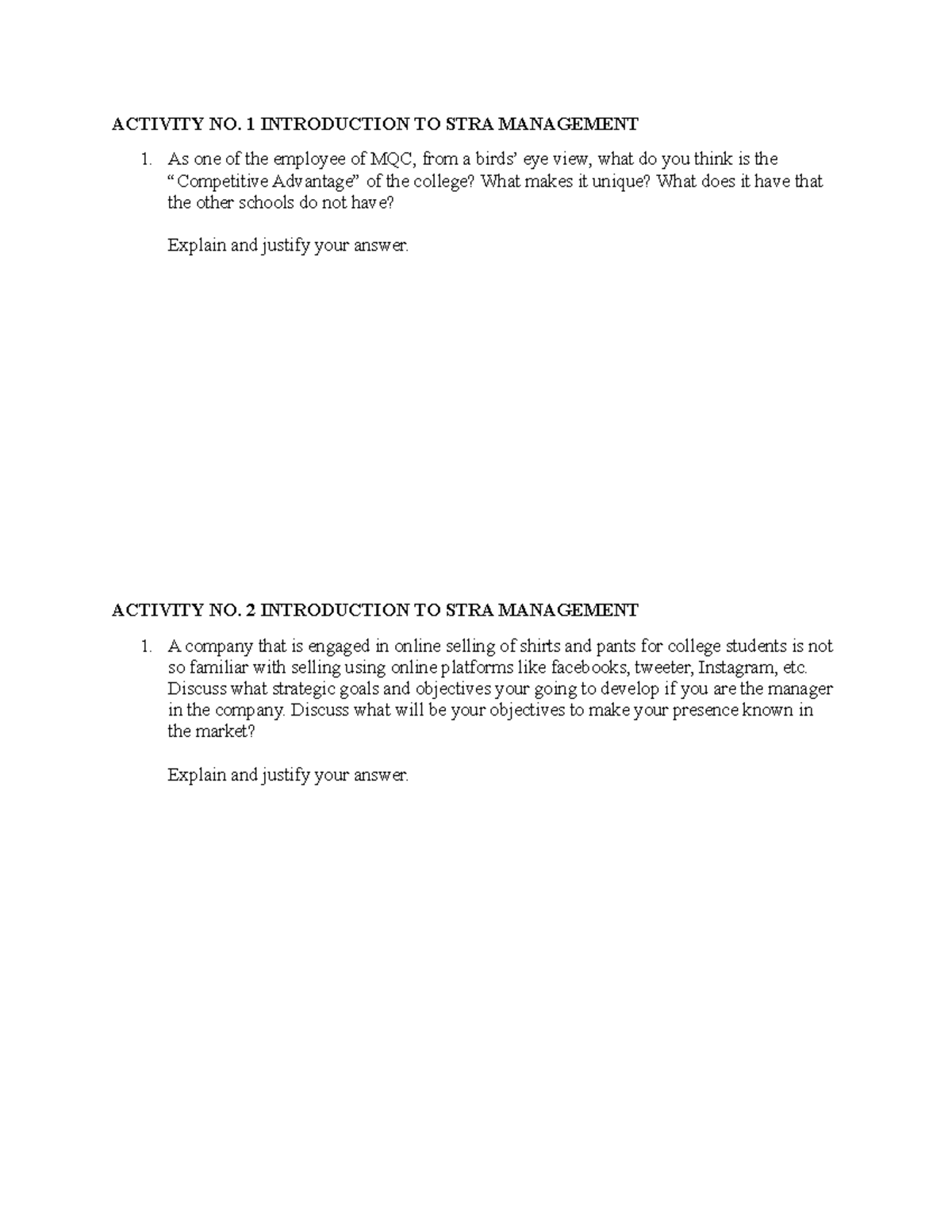 Activity NO 1 AND NO 2 Intro to Stra Ma - ACTIVITY NO. 1 INTRODUCTION TO STRA MANAGEMENT As one ...