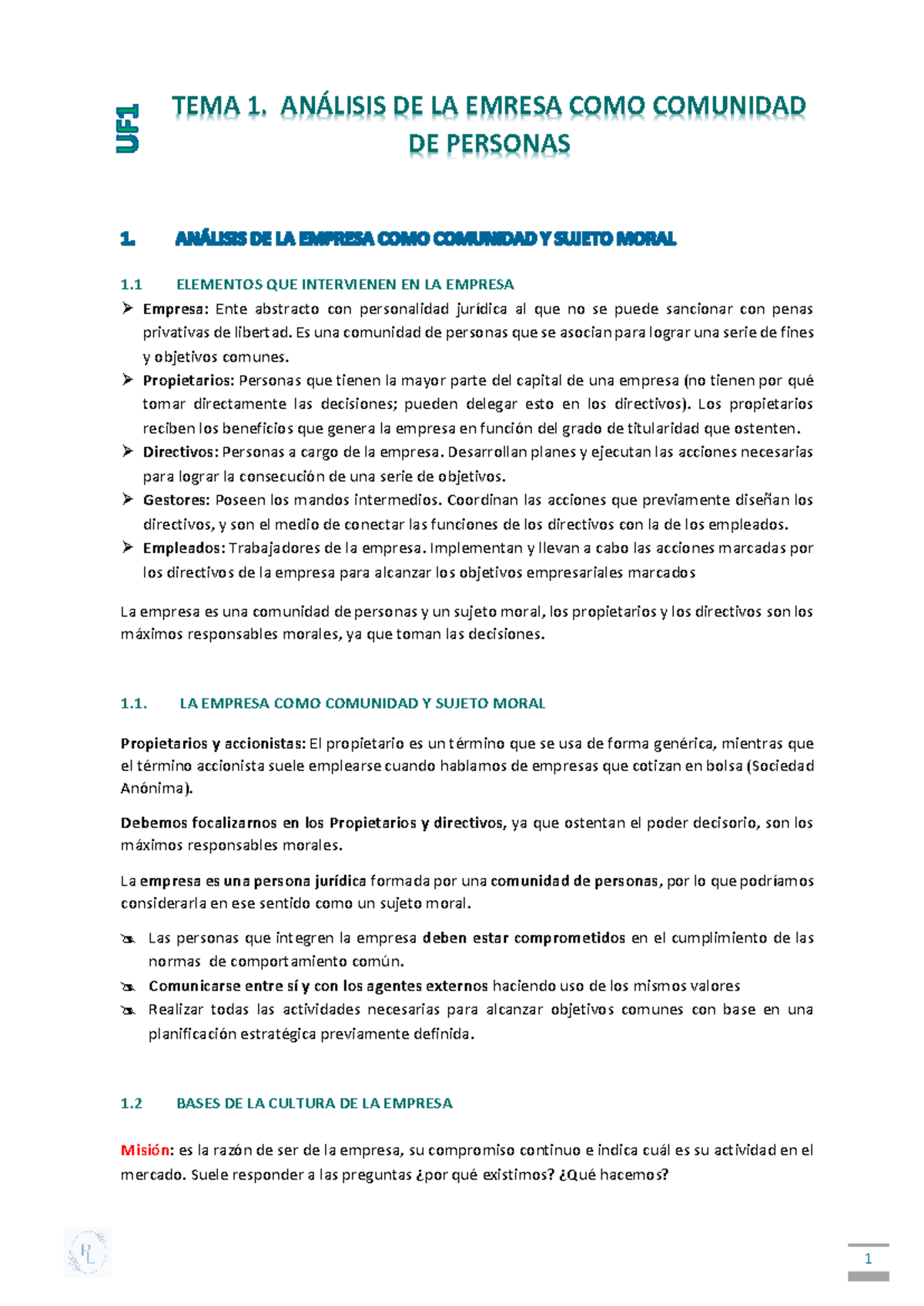 TEMA 1. Análisis DE LA Emresa COMO Comunidad DE Personas - 1 TEMA 1 ...