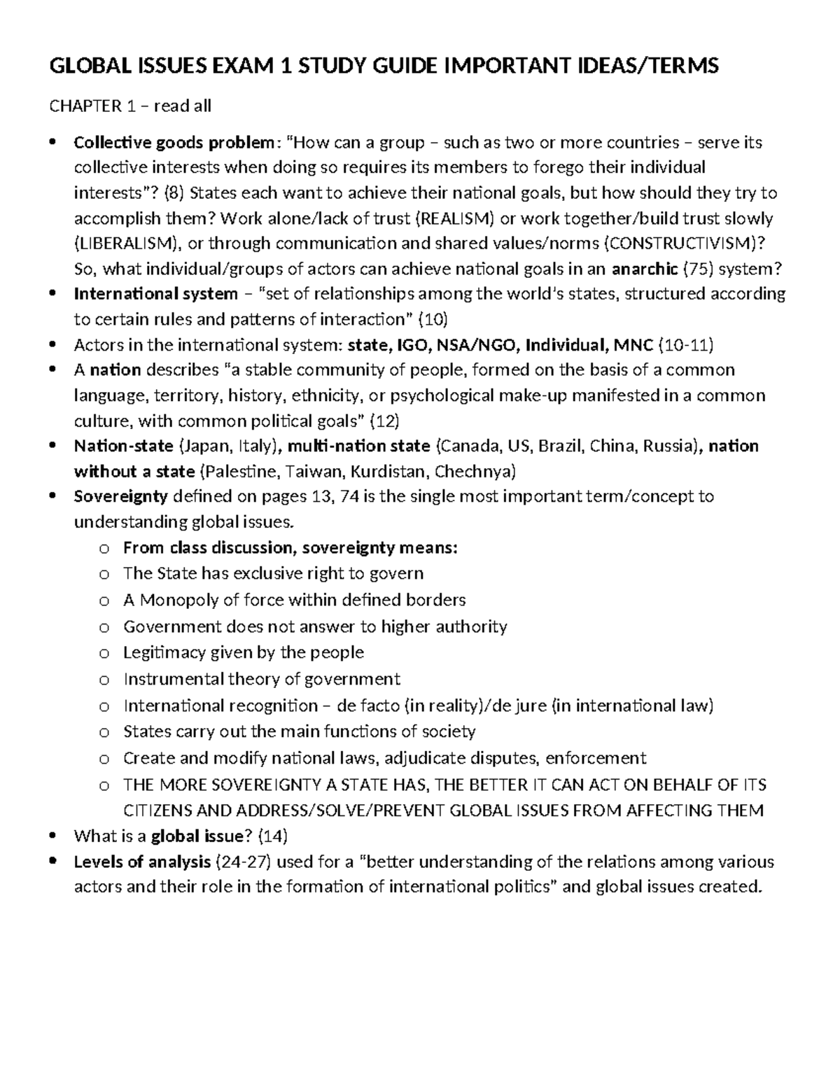 Exam 1 study guide F24 - GLOBAL ISSUES EXAM 1 STUDY GUIDE IMPORTANT ...