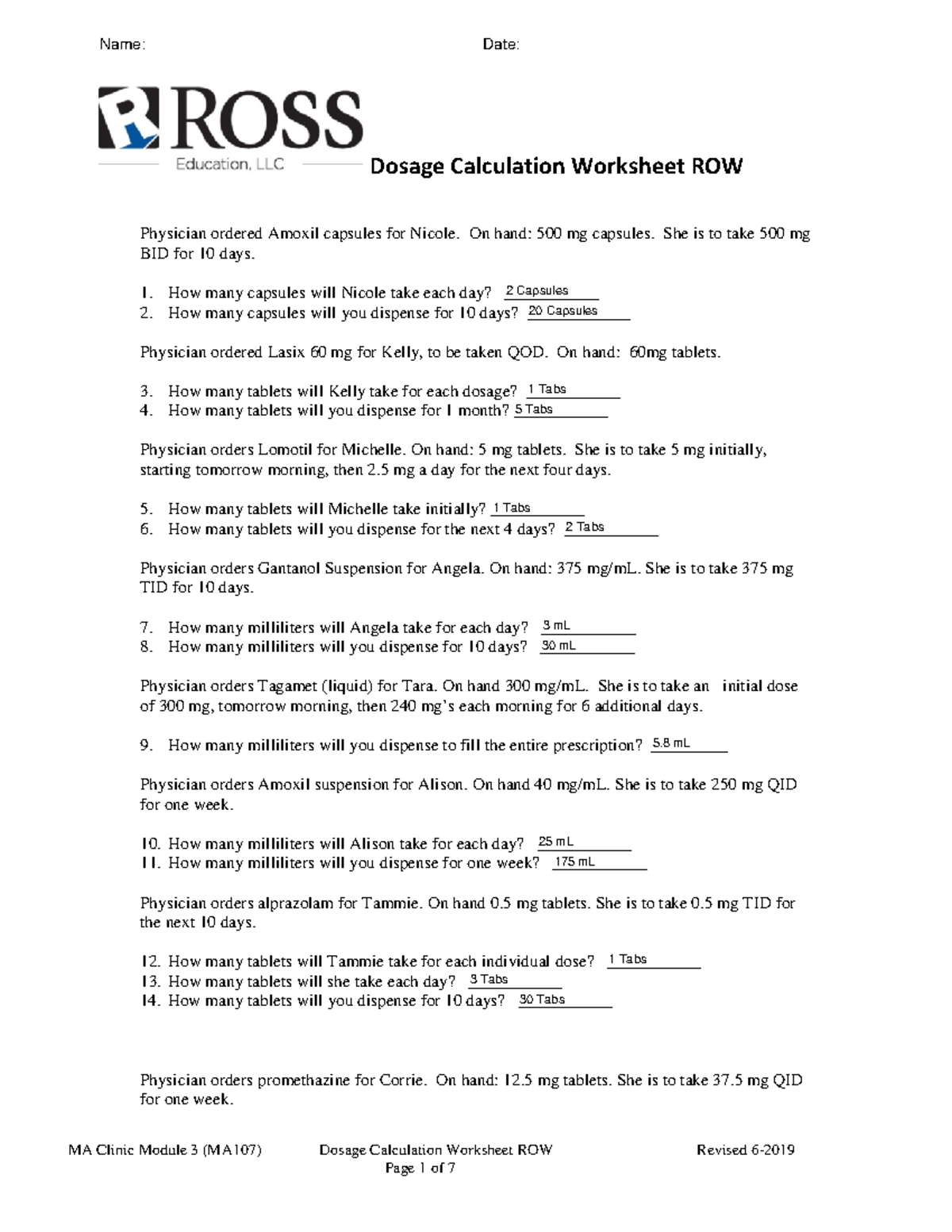 MA107 ROW 3 Dosage Calculation Worksheet Revised 6-2019 - DONE - MA ...
