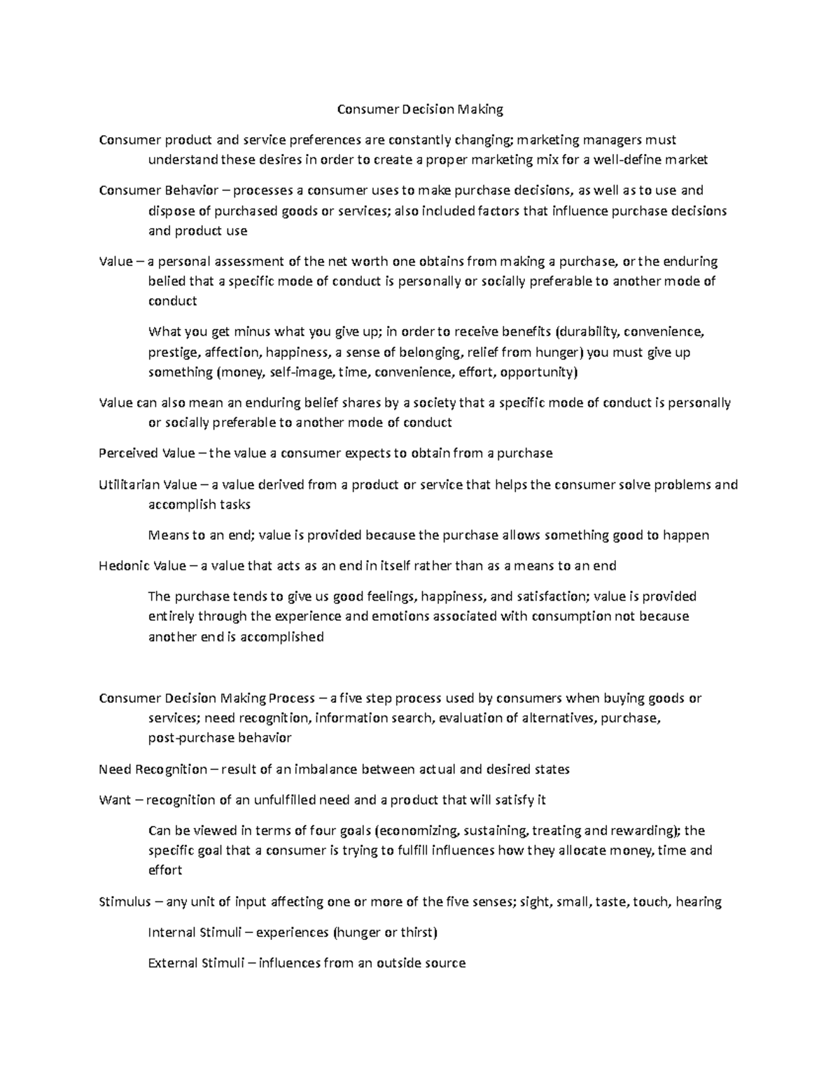 Chapter 6 Notes MKTG - Consumer Decision Making Consumer product and ...