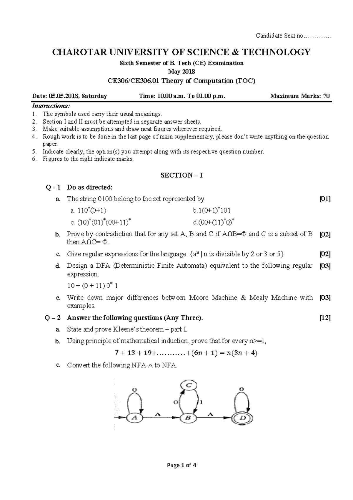 2018 May CE306 CE306 - bfhwrh - Candidate Seat no............. CHAROTAR ...