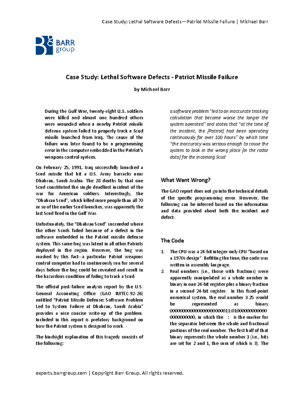 Case study patriot missile defects - Case Study: Lethal Software Defects—Patriot Missile Failure ...