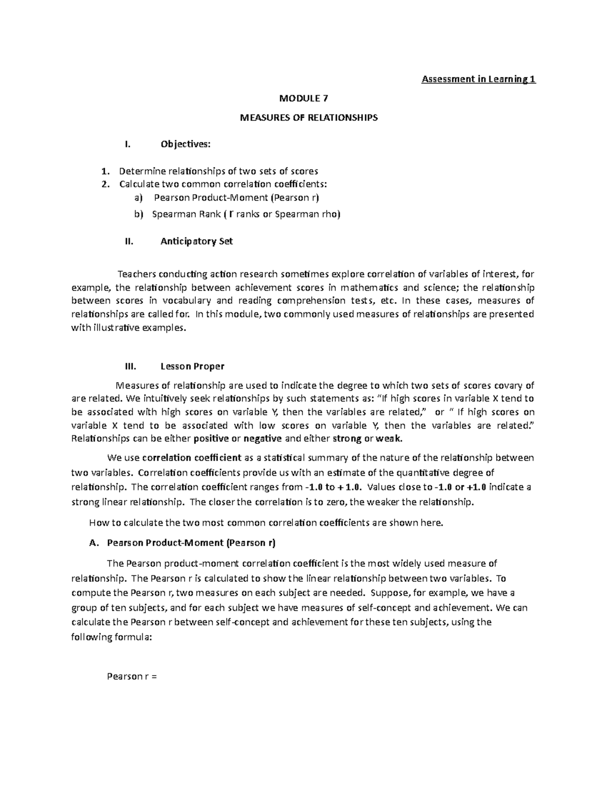 Measure of Relationship Module 7 in Assessment of learning - Assessment ...