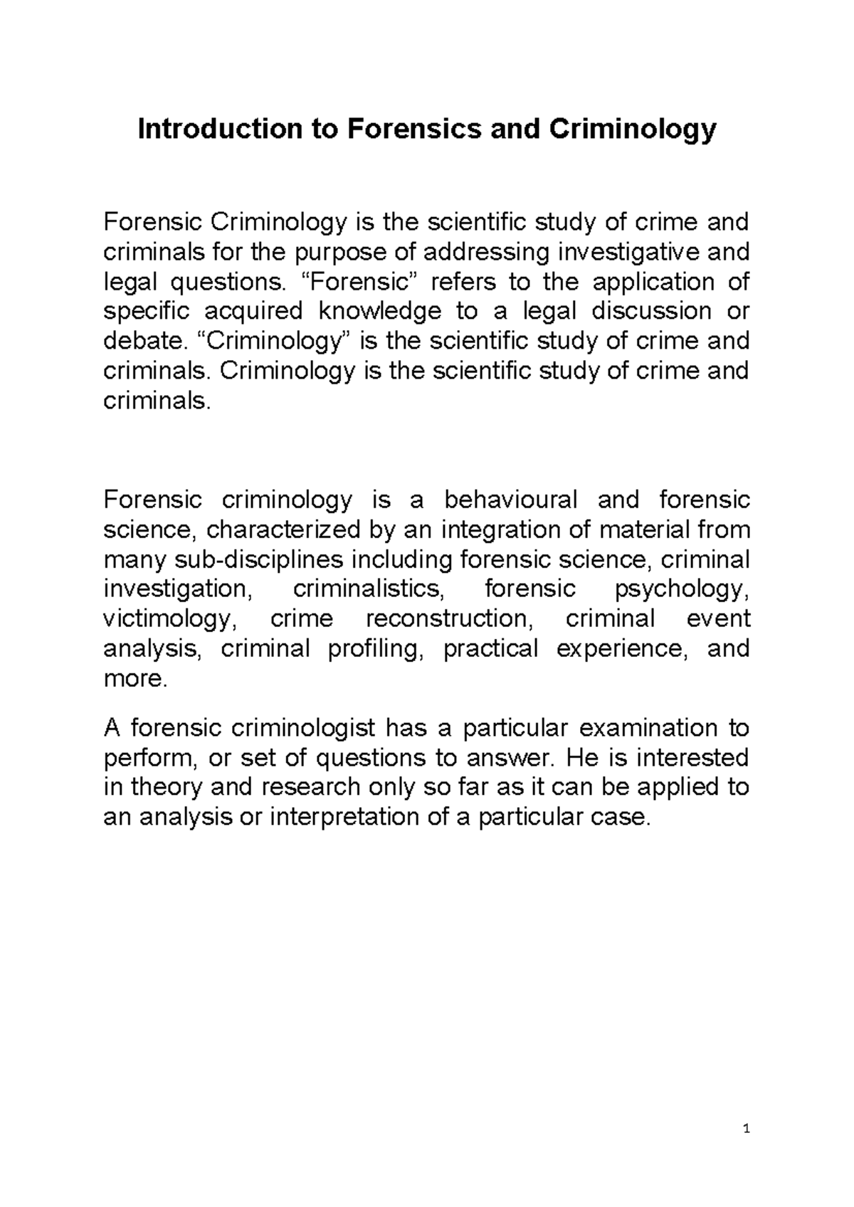 Forensic Criminology - notes - Introduction to Forensics and ...