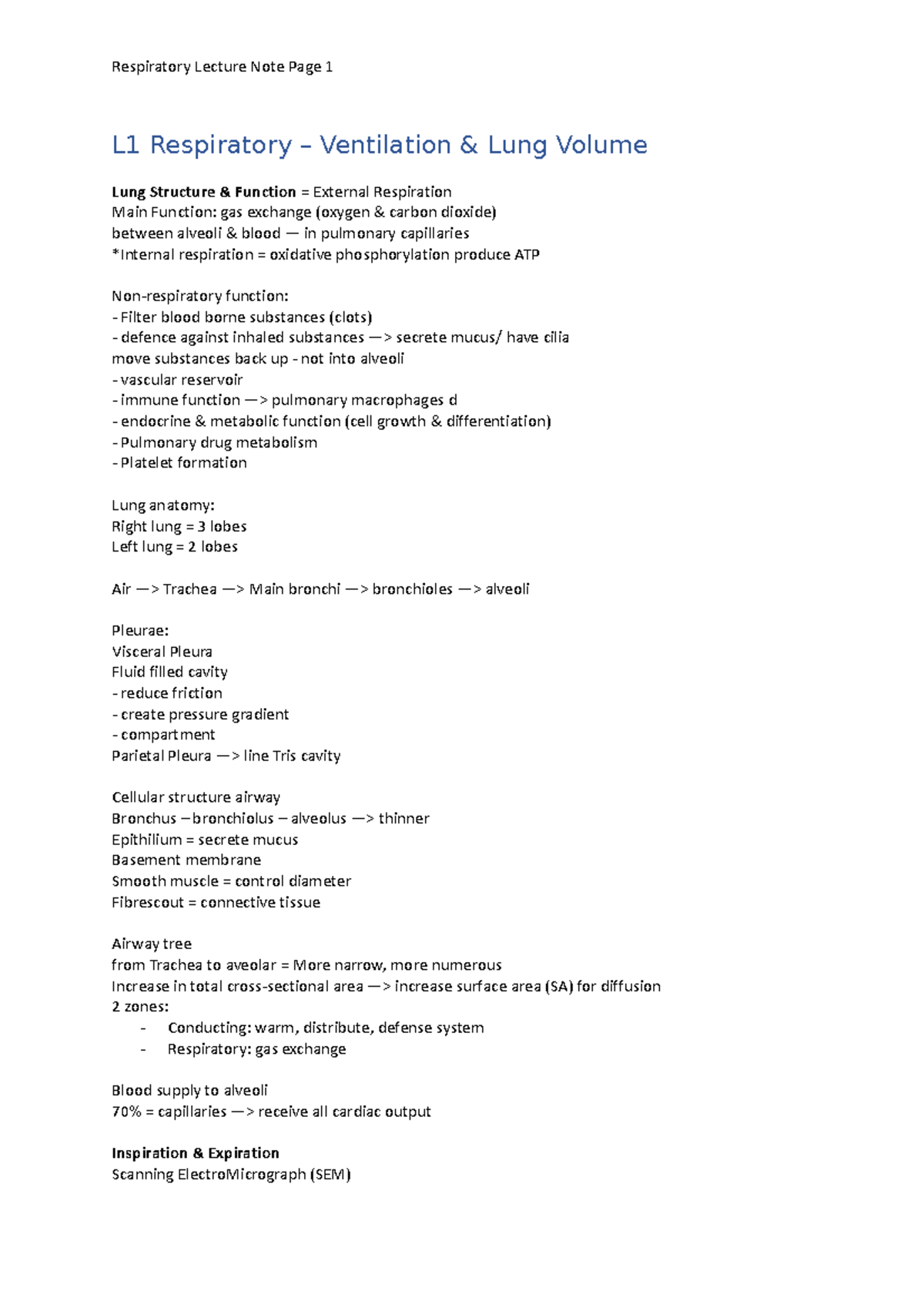 Respiratory Page 1 - Respiratory Lecture Note Page 1 L1 Respiratory ...