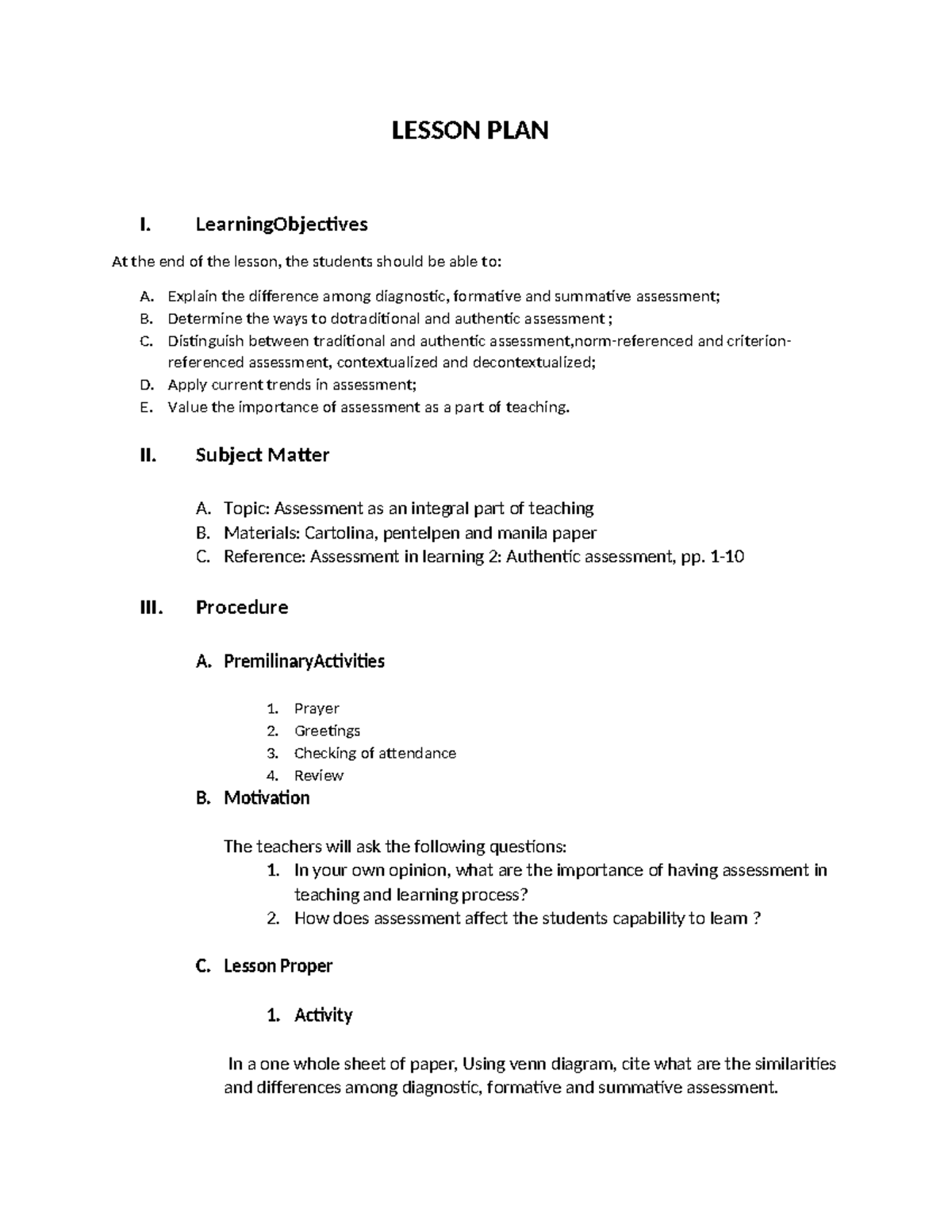 Final - LESSON PLAN I. LearningObjectives At the end of the lesson, the ...