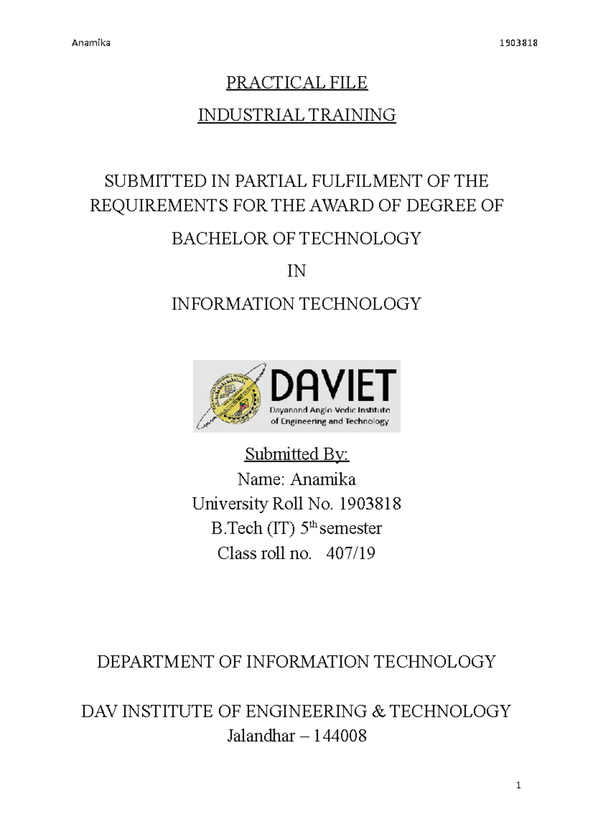 Anamika Industrial training - PRACTICAL FILE INDUSTRIAL TRAINING ...