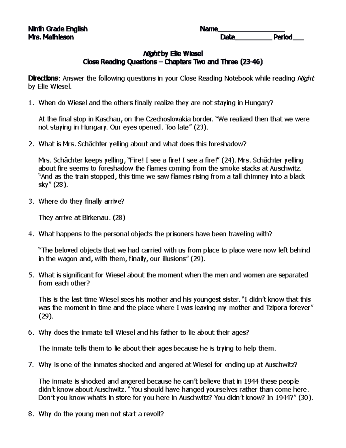 Close Reading Questions Ch. 2-3 Key - Ninth Grade English Name ...