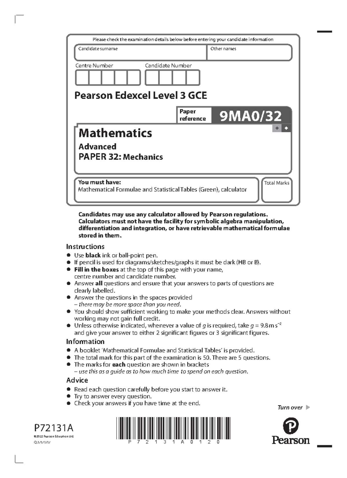 Edexcel A Level Maths June 2022 Paper 3M QP - Centre Number Candidate ...