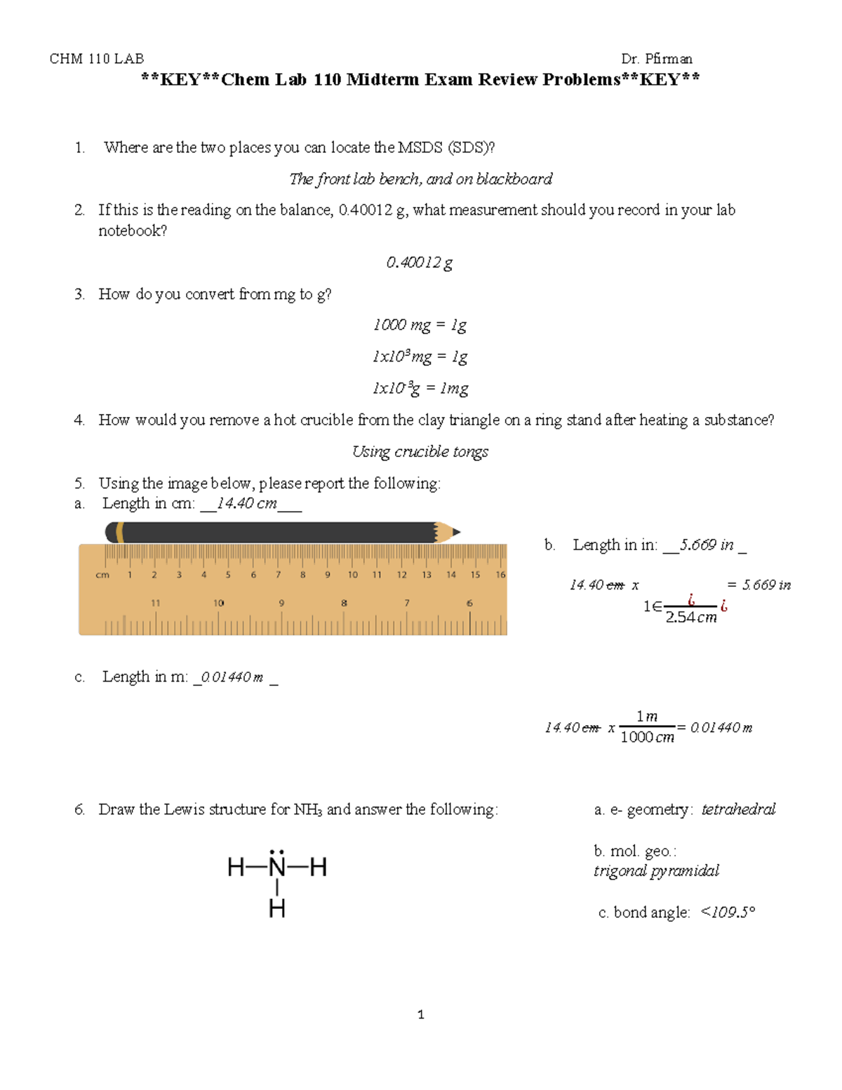 Chem Lab 110 Midterm Exam Review Problems KEY - KEYChem Lab 110 Midterm ...