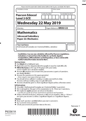 June 2019 MS - Paper 1 Edexcel Maths AS-level - Mark Scheme (Results) Summer 2019 Pearson ...
