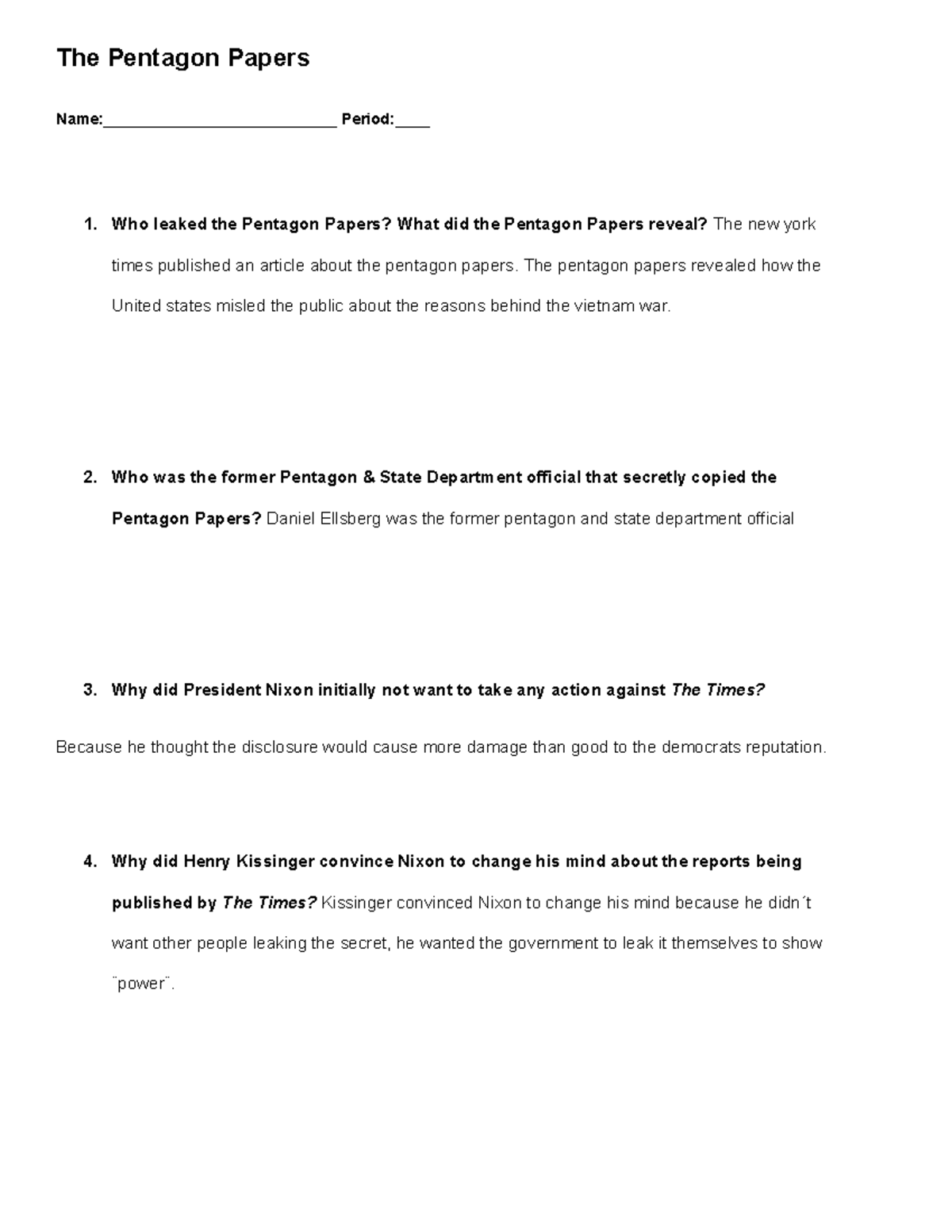 The Pentagon Papers Questions - The Pentagon Papers Name ...
