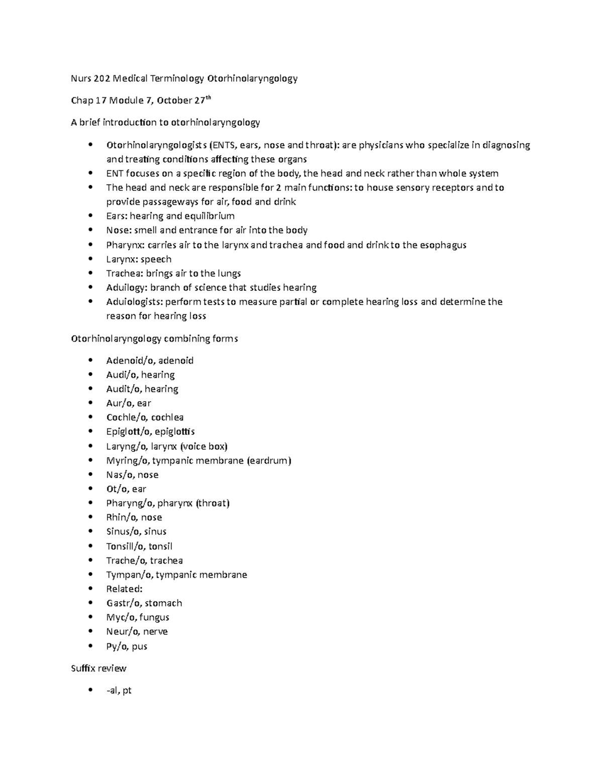 Medical Terminology Chap 17 Otorinolaryngology - Nurs 202 Medical ...