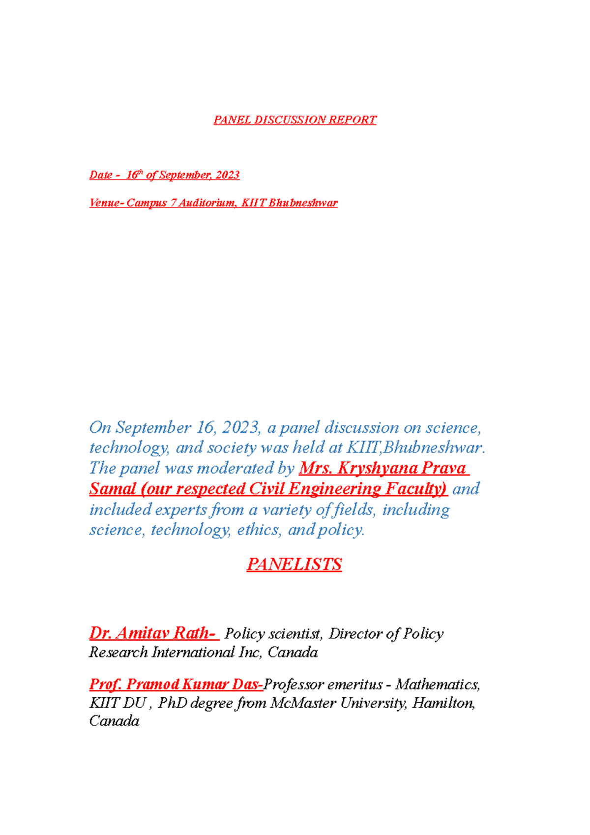 Panel Discussion Report By Aditya Singh Tomar - PANEL DISCUSSION REPORT ...