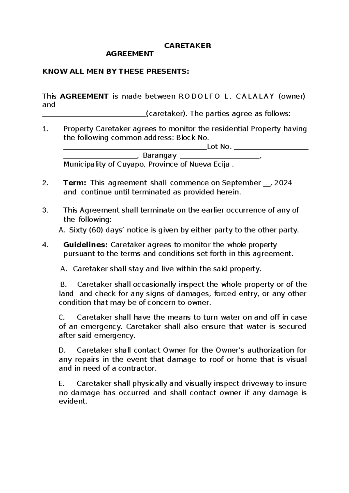 Caretaker Agreement Form - CARETAKER AGREEMENT KNOW ALL MEN BY THESE ...
