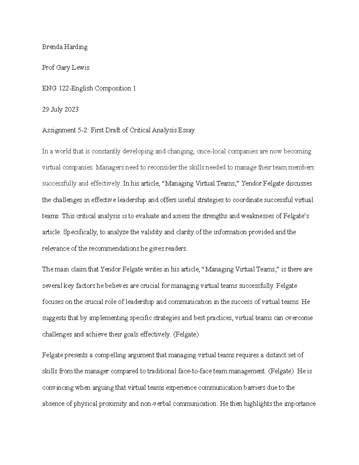 5-2 First Draft Brenda H - Brenda Harding Prof Gary Lewis ENG 122-English Composition 1 29 July ...