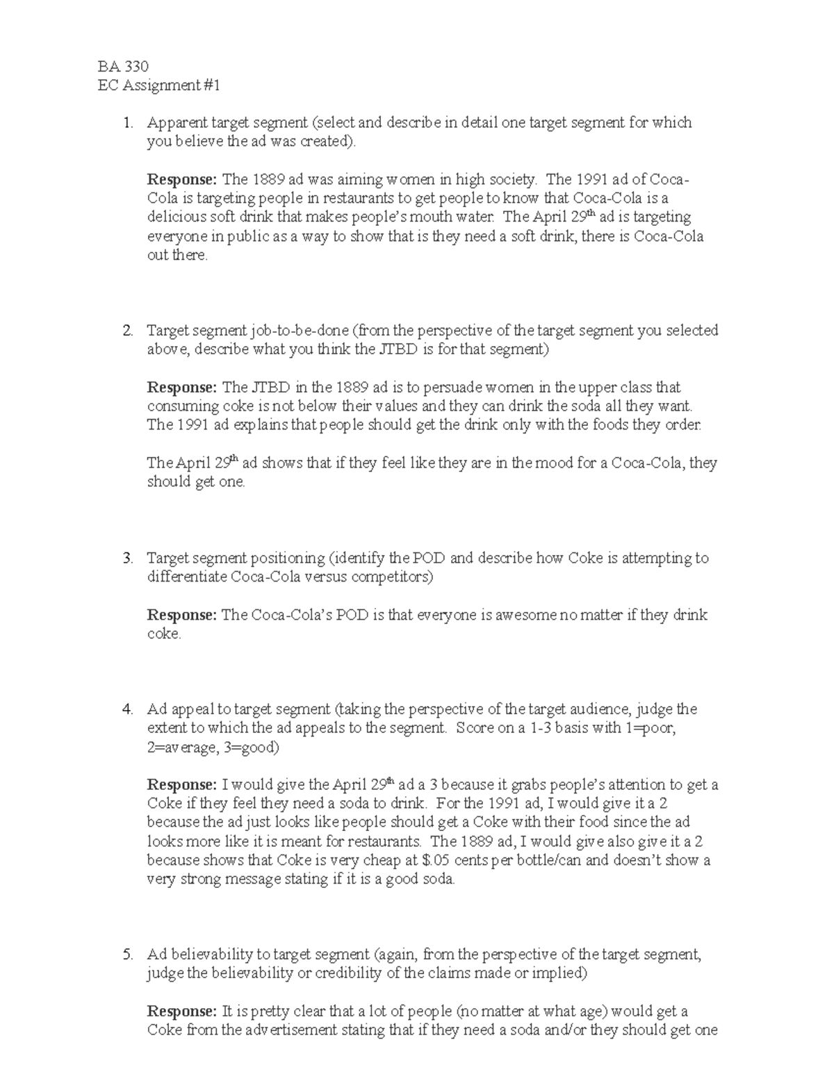 BA 330 E.C. Assignment - Coca Cola - BA 330 EC Assignment # Apparent ...