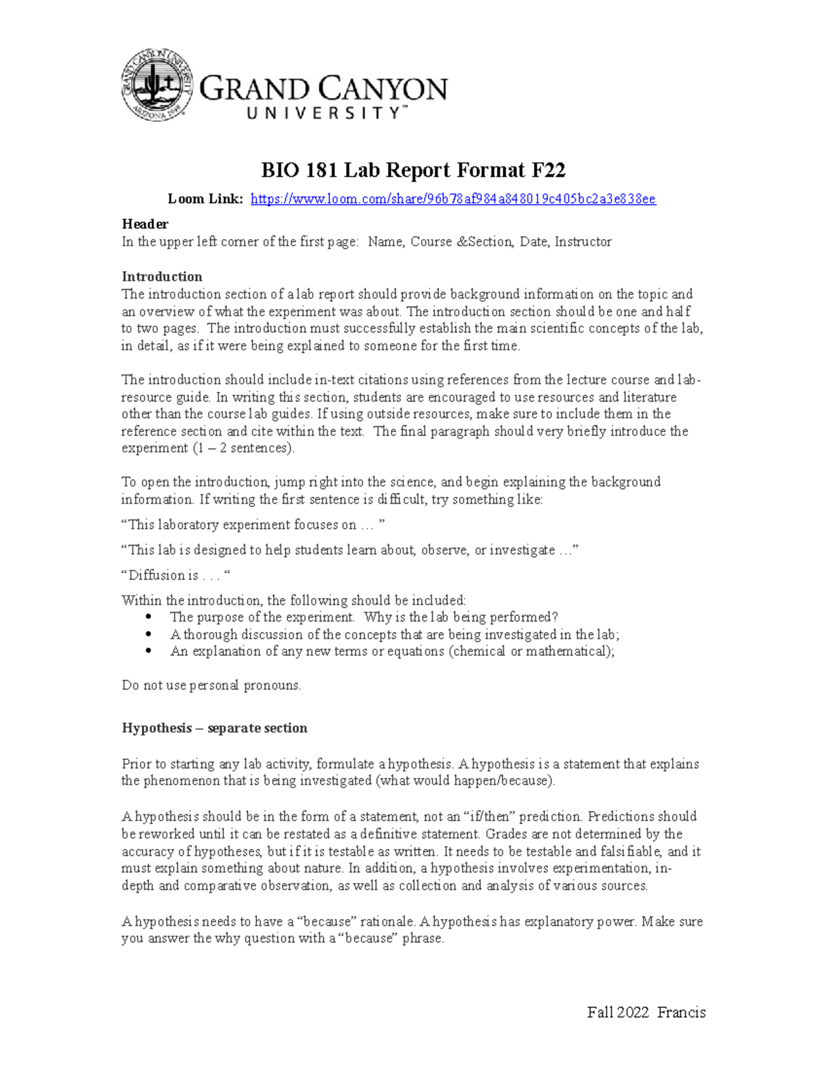 Lab Report Format F22-2 - BIO 181 Lab Report Format F Loom Link: - Studocu
