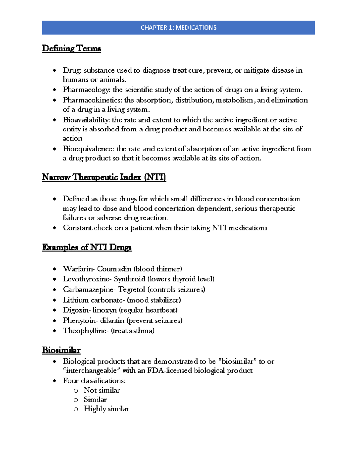 Medications- Chapter 1 - CHAPTER 1: MEDICATIONS Defining Terms Drug ...