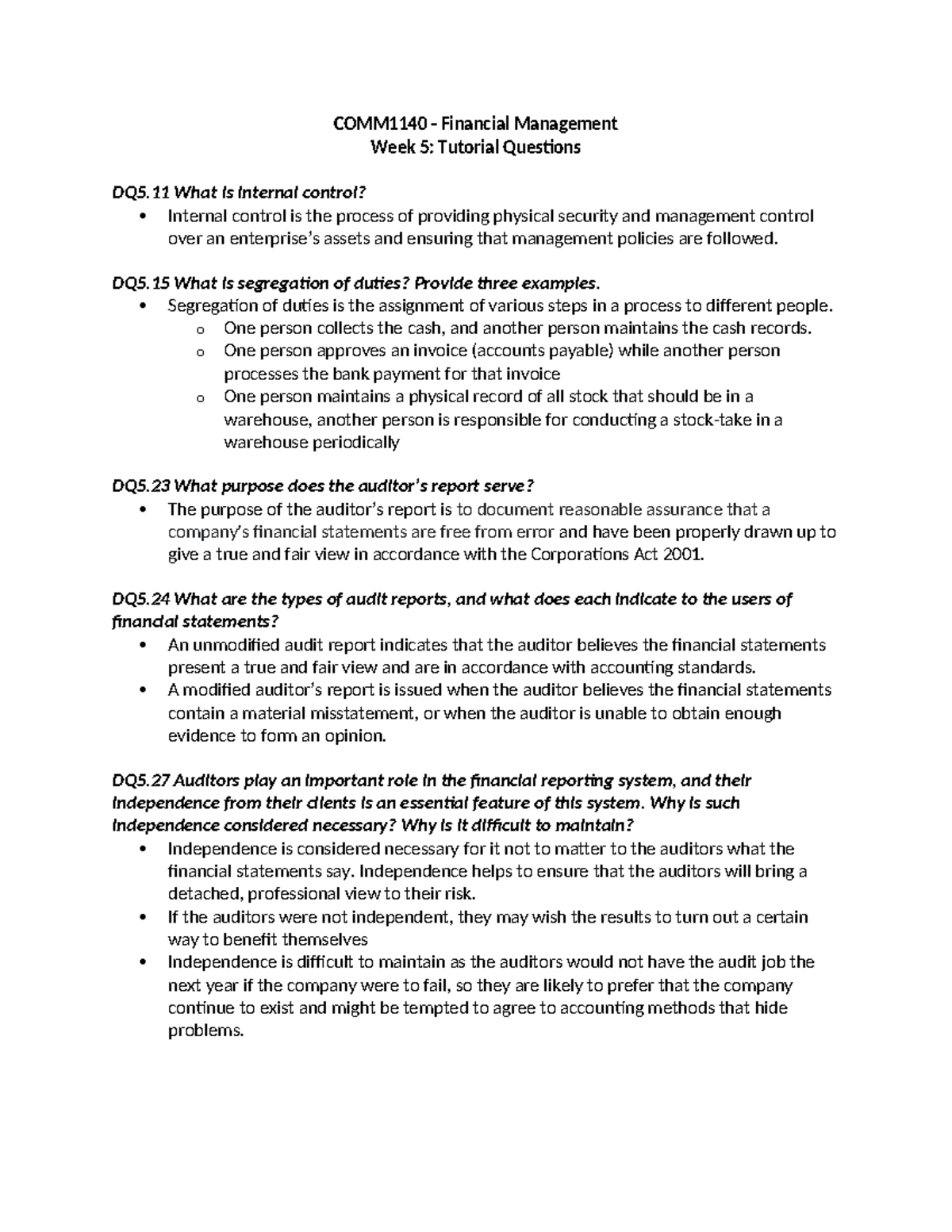 COMM1140 - TUT Q - COMM1140 - Financial Management Week 5: Tutorial Questions DQ5 What is ...
