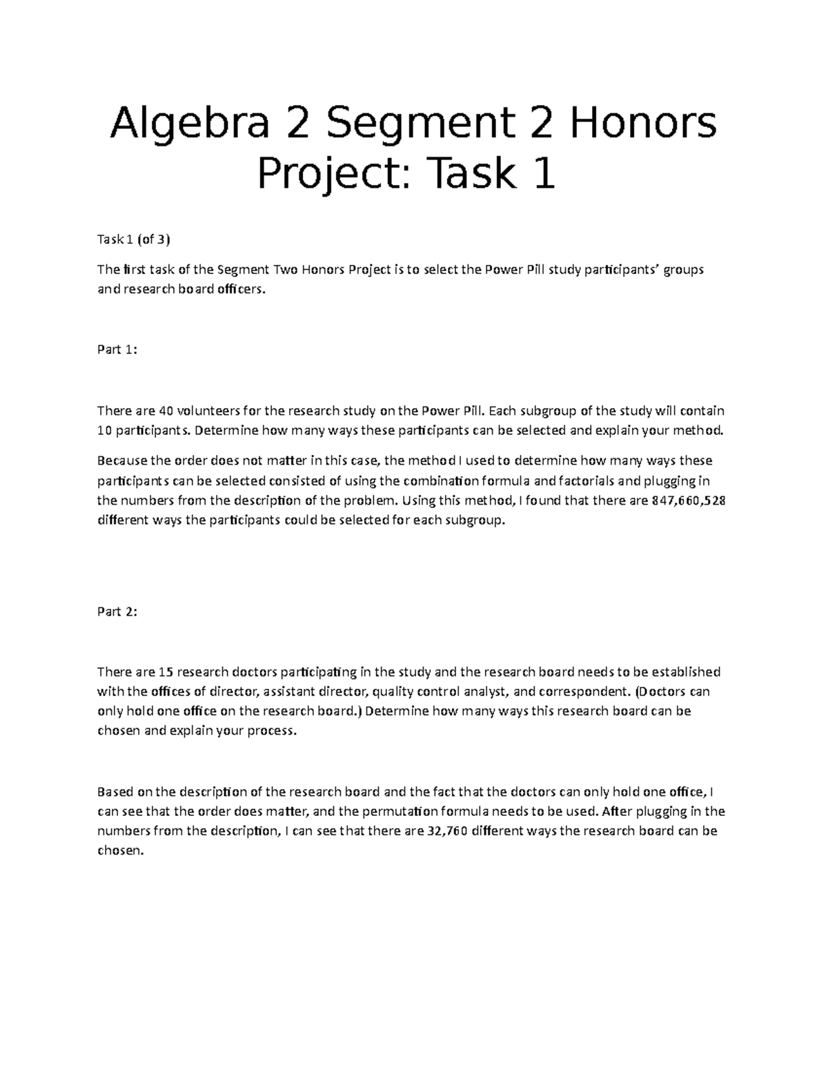 Algebra 2 Segment 2 Honors Project Task 1 - Algebra 2 Segment 2 Honors ...