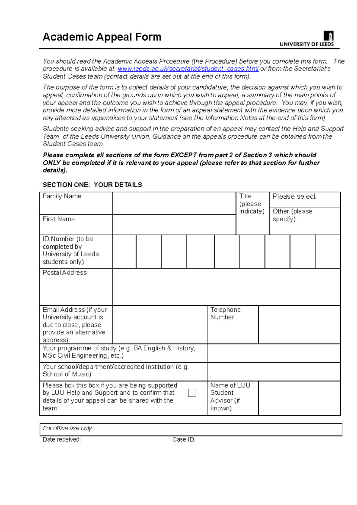 Academic appeal submission form - Academic Appeal Form You should read ...