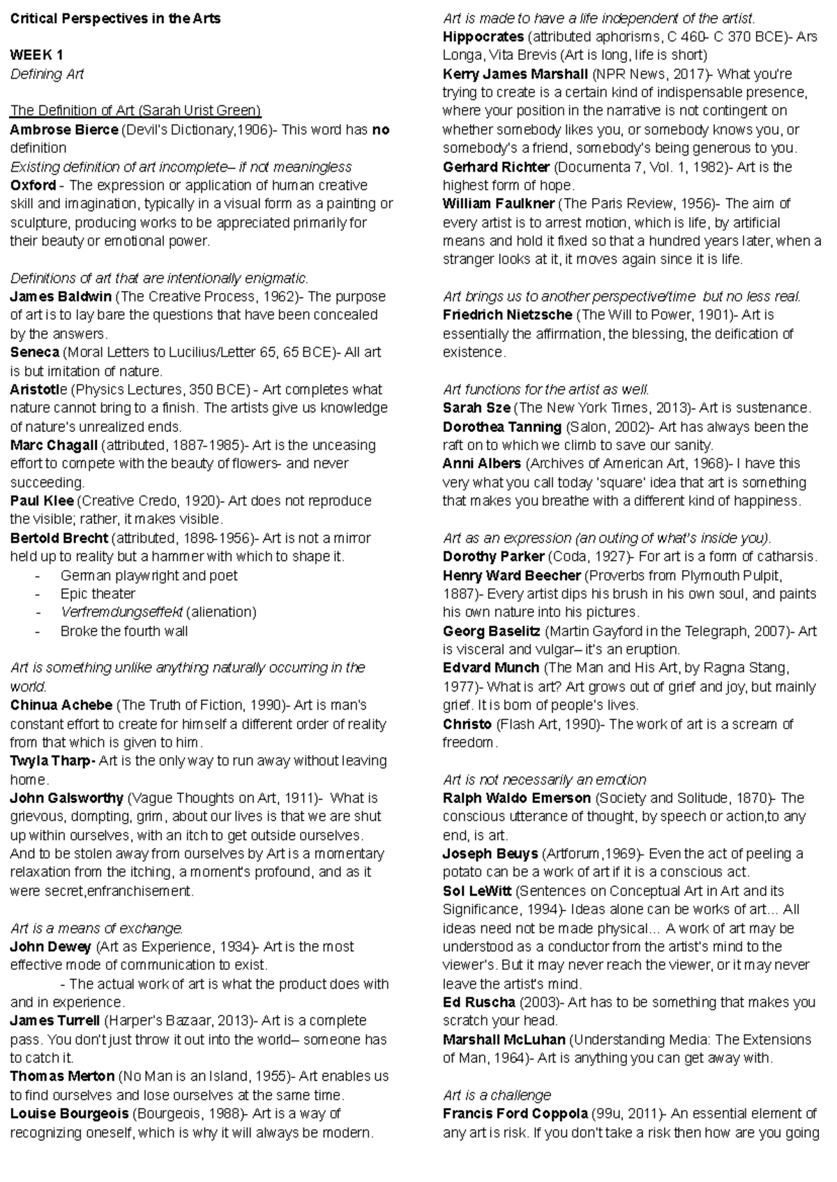 ARTS 1 Notes 1 - Critical Perspectives in the Arts WEEK 1 Defining Art ...