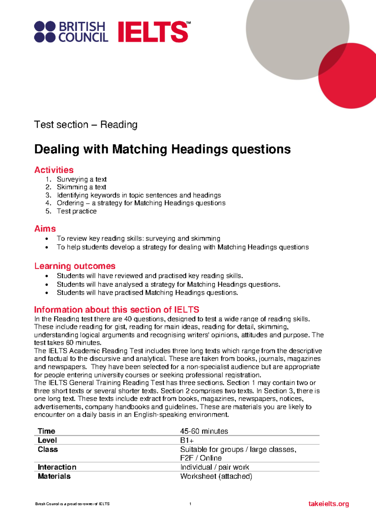 Matching Headings questions - Test section – Reading Dealing with ...