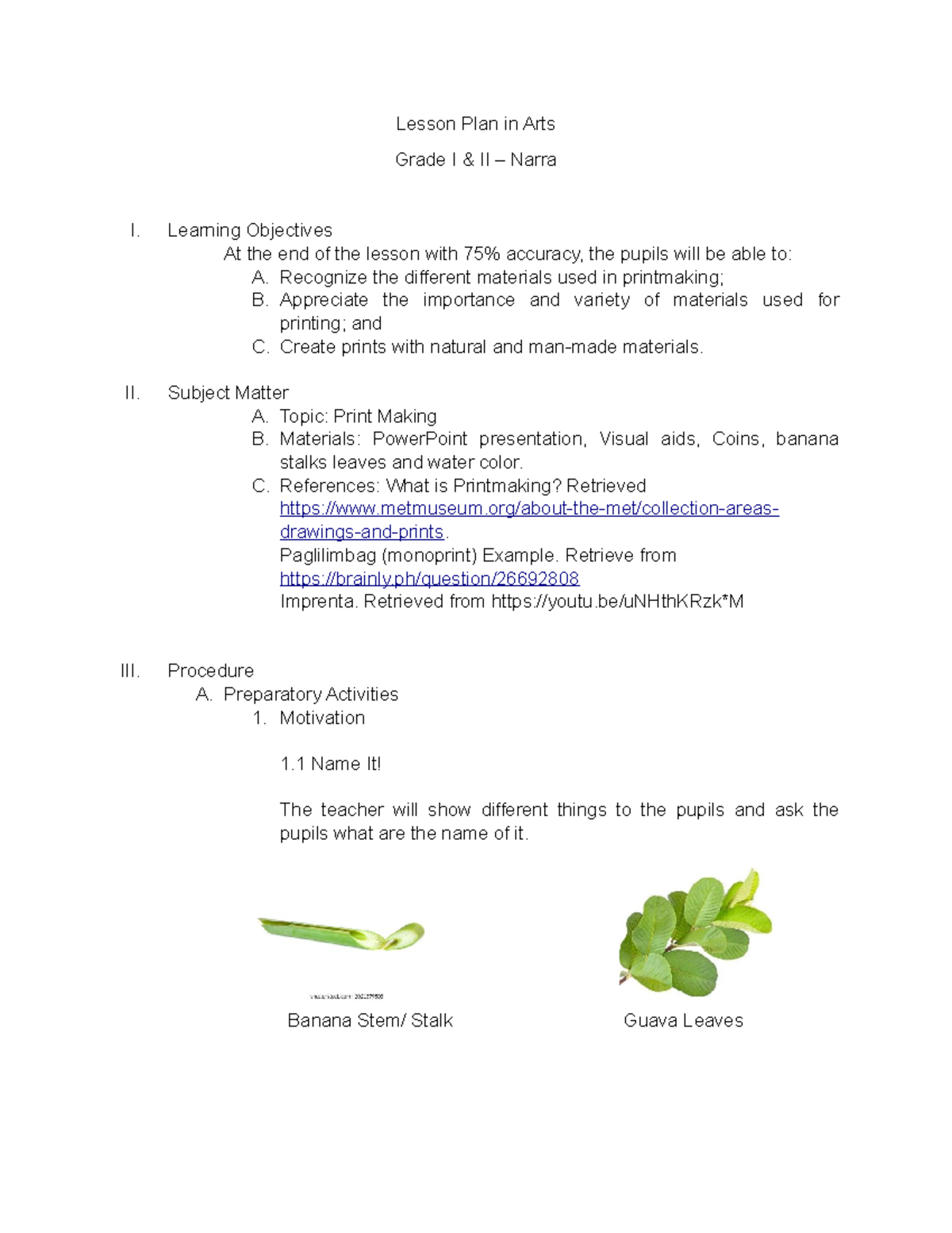 Lesson Plan in Arts - Lesson Plan in Arts Grade I & II – Narra I ...