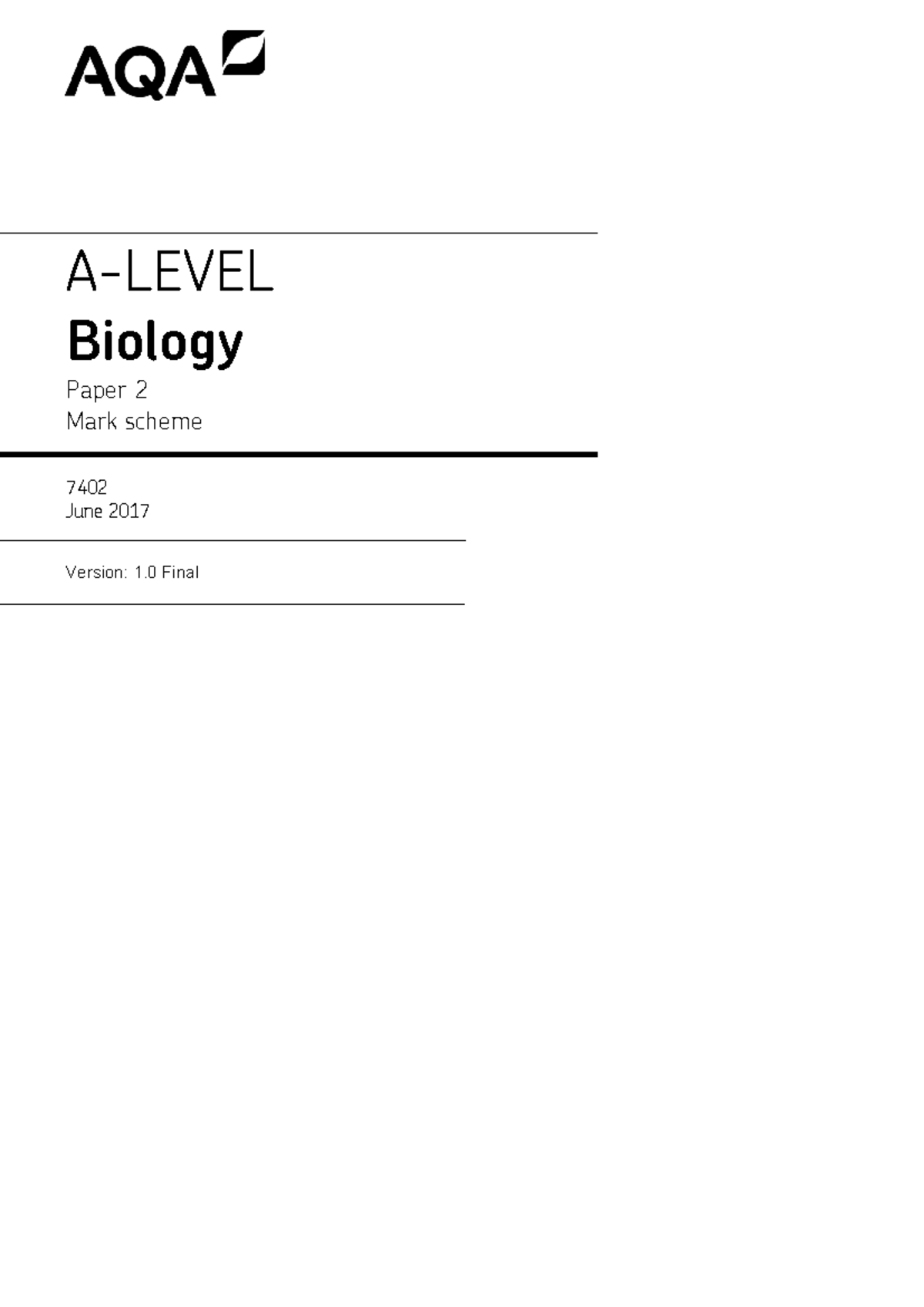Bio Paper 2 MS - A-LEVEL Biology Paper 2 Mark scheme 7402 June 2017 ...