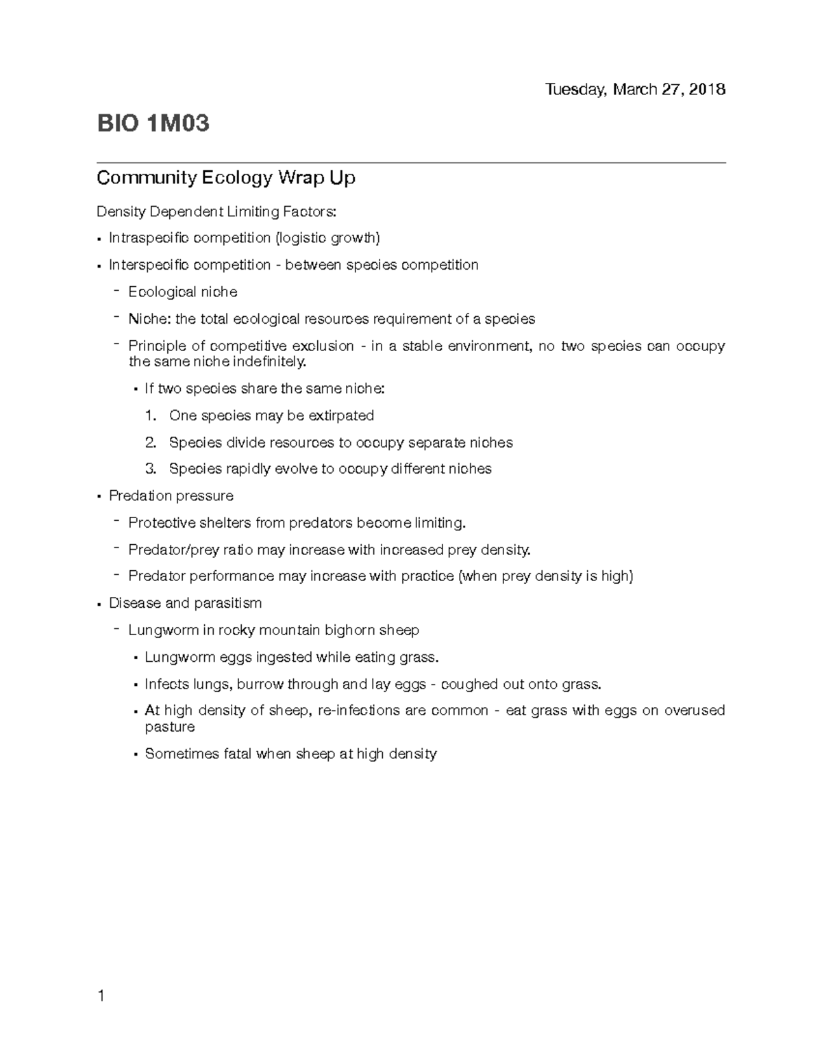 BIO 1M03 - Community Ecology - Tuesday, March 27, 2018 BIO 1M Community ...