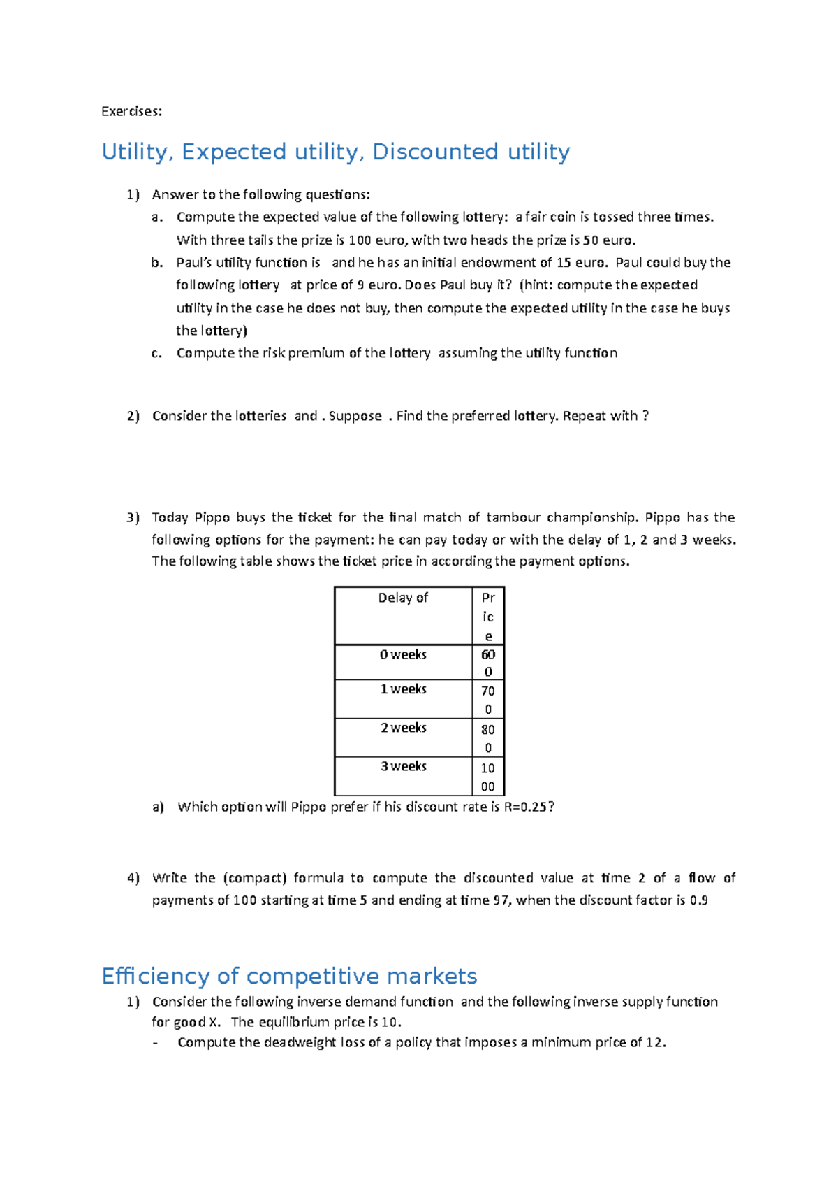 Microeconomics Exercises - Exercises: Utility, Expected utility ...