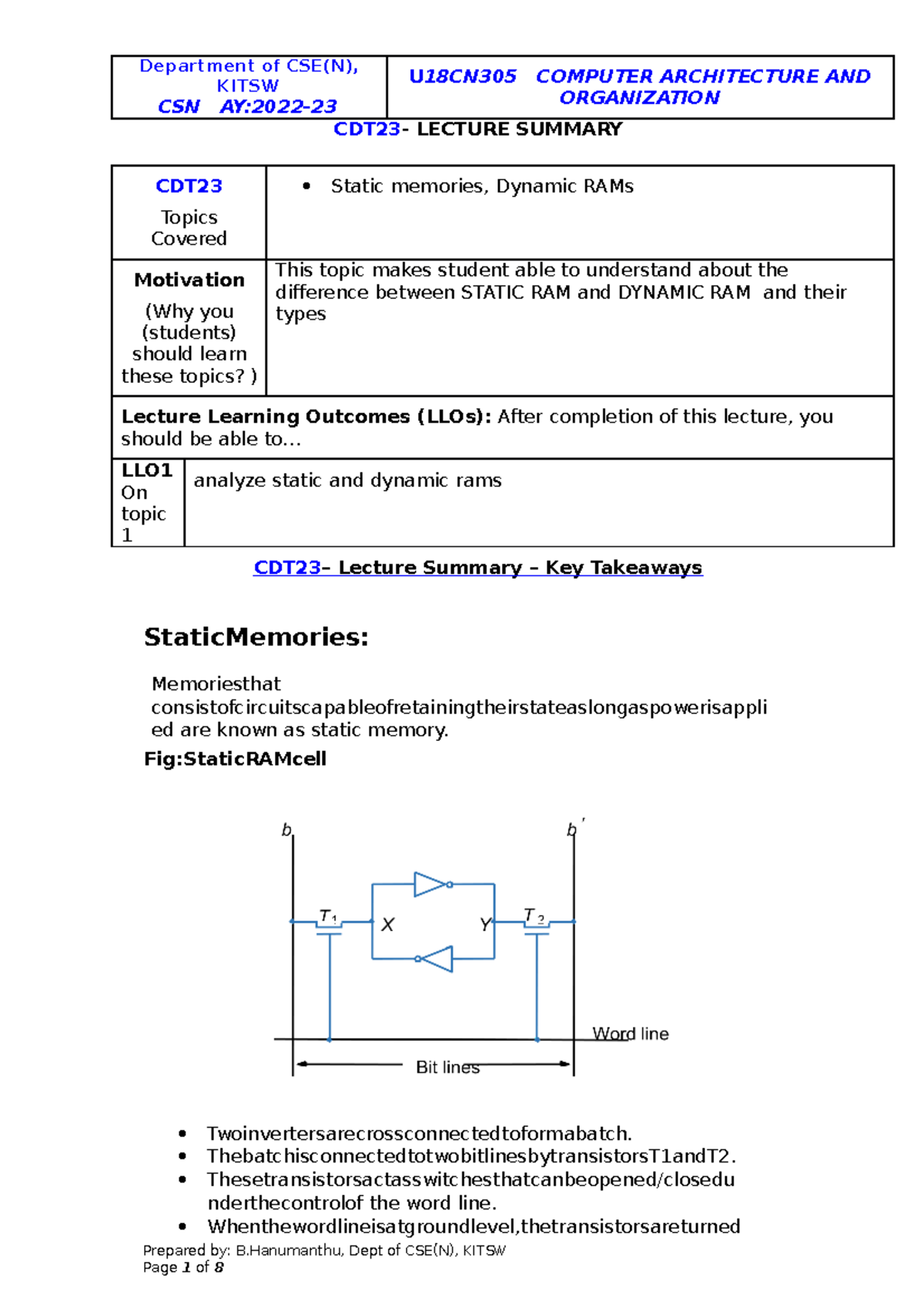 Static memories, Dynamic RAMs - KITSW CSN AY:2022- U18CN305 COMPUTER ARCHITECTURE AND ...