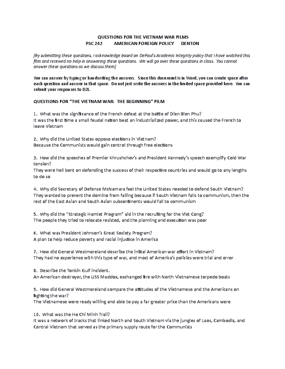 Questions for Vietnam Films Combined B - QUESTIONS FOR THE VIETNAM WAR ...