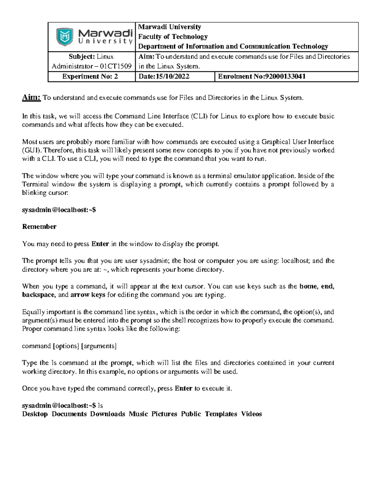 Lab 2 Linux - Faculty of Technology Department of Information and Communication Technology ...