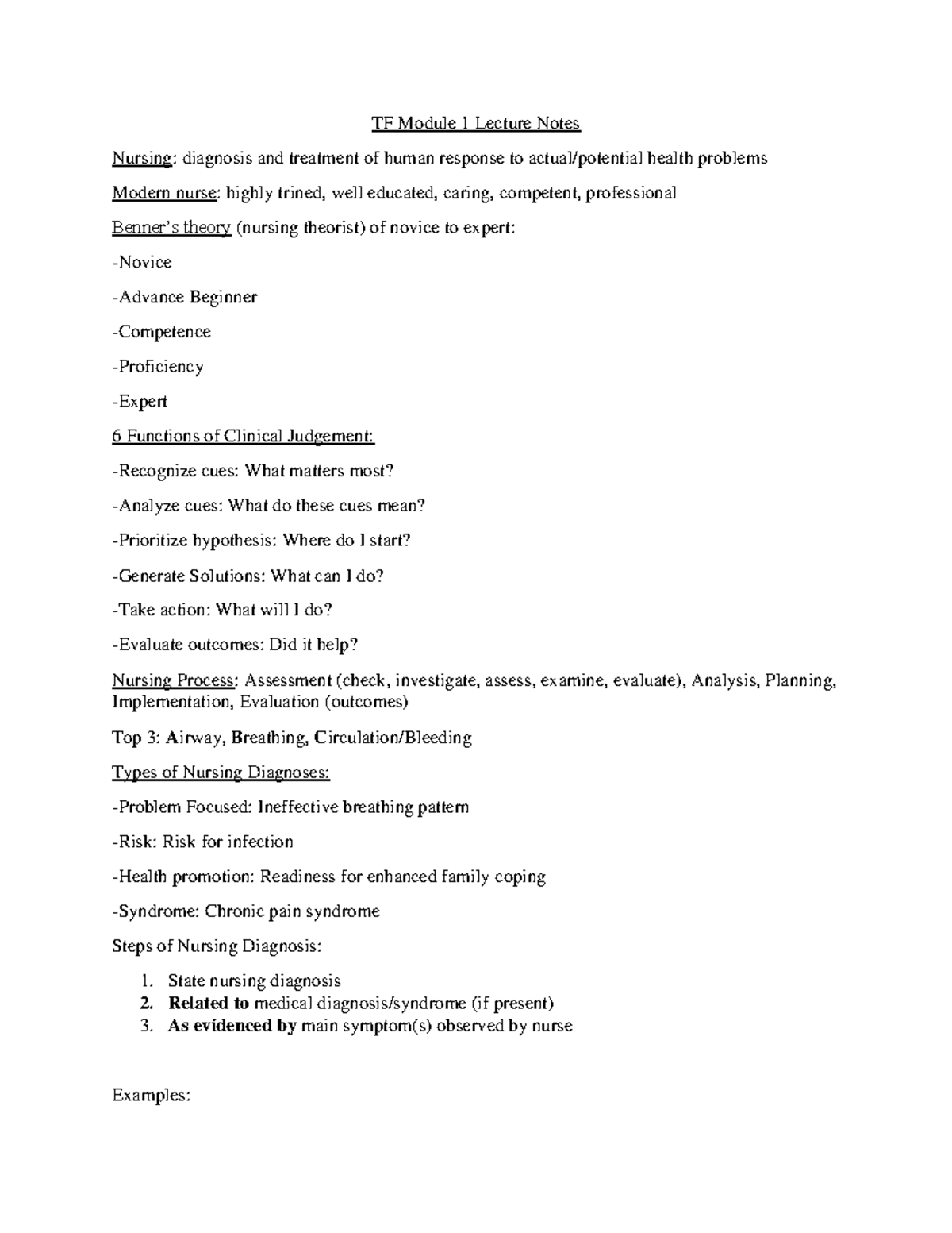 Theoretical Foundations Module 1 Lecture Notes Tf Module 1 Lecture Notes Nursing Diagnosis