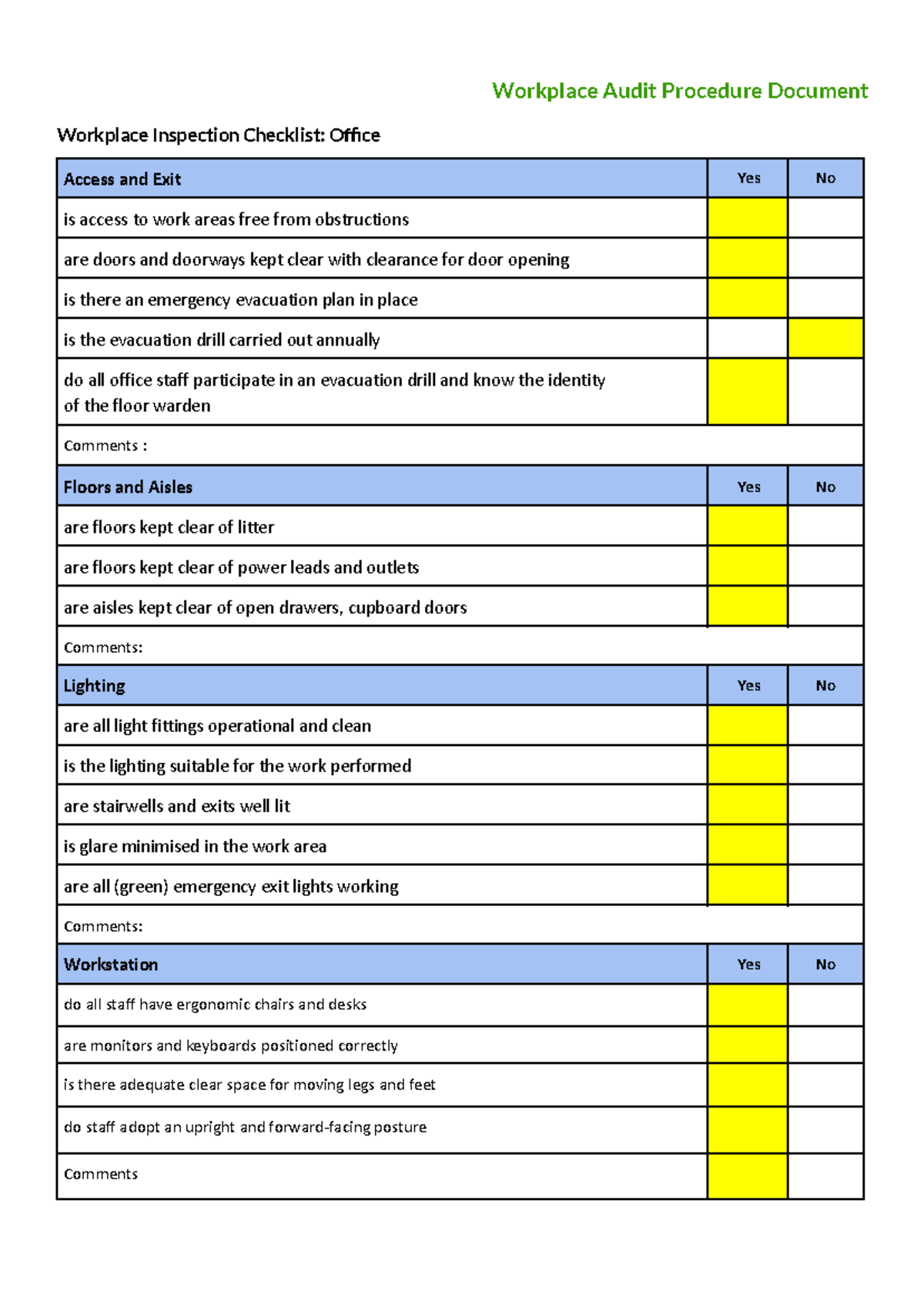 WHS Workplace Audit Document - Workplace Audit Procedure Document ...
