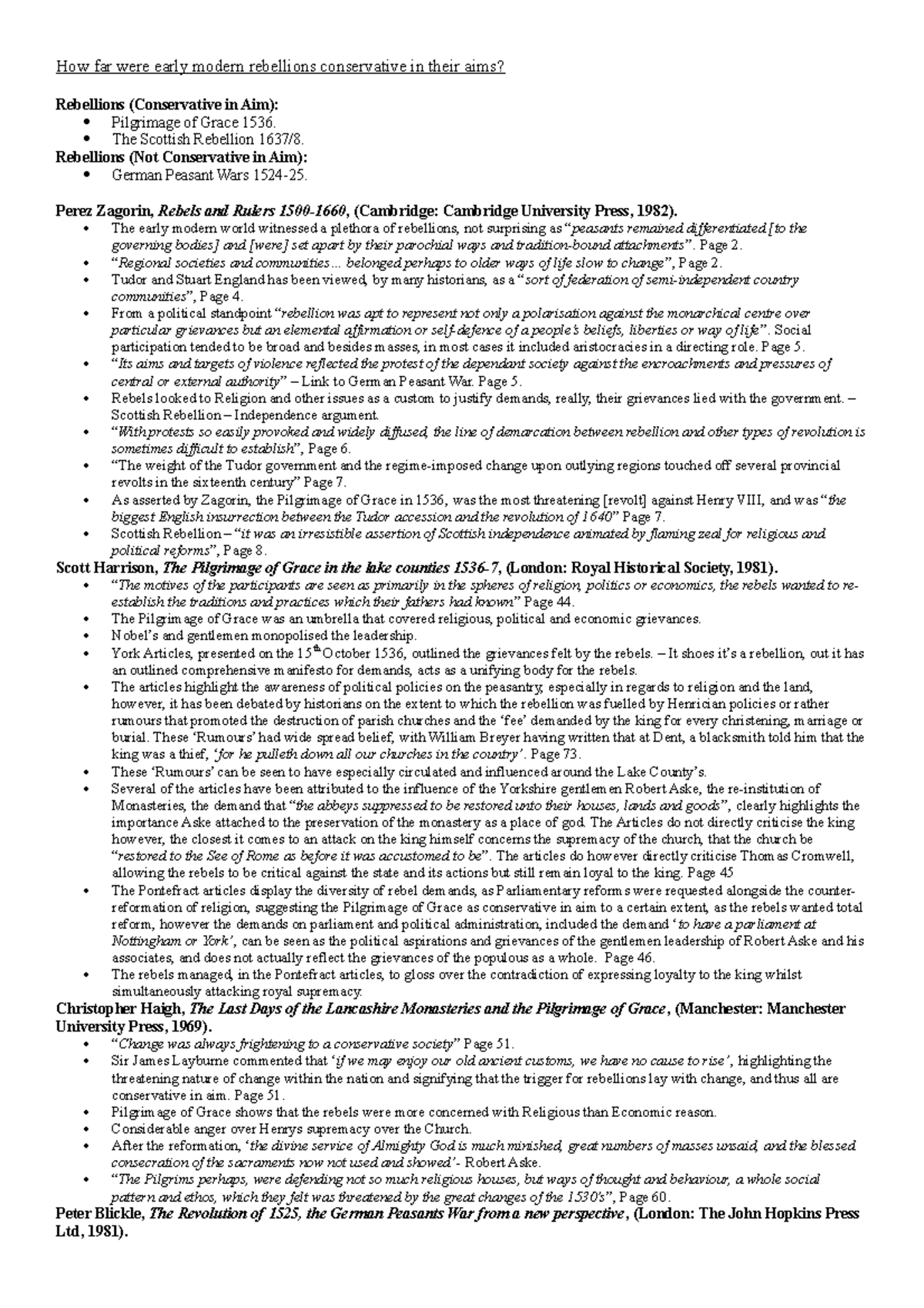 EMW Rebellion Notes - How far were early modern rebellions conservative ...