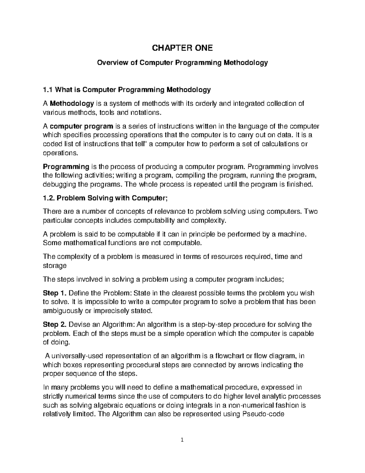 Chapter One Chapter One Overview Of Computer Programming Methodology