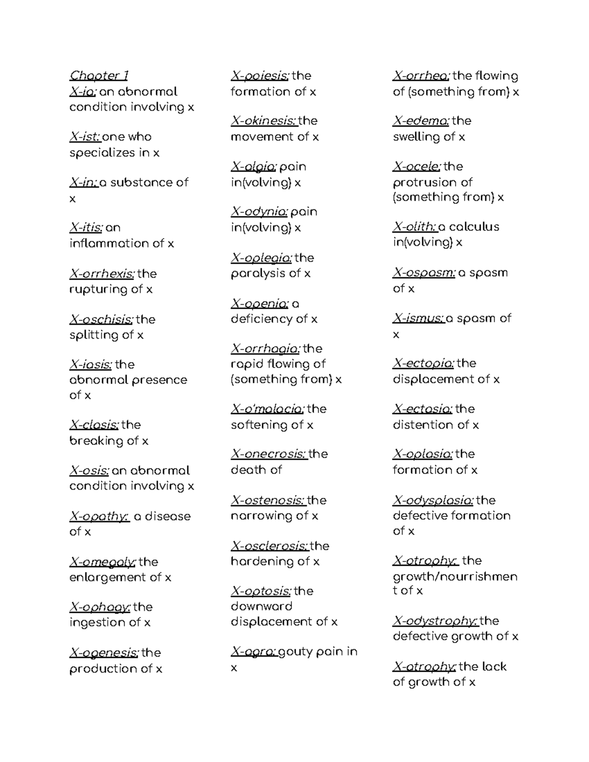Medical Terminology Master Document - Chapter 1 X-ia:+ an abnormal ...