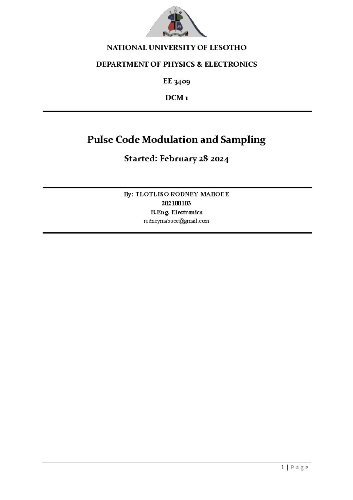 DCM1 - 1 PCM and Sampling - NATIONAL UNIVERSITY OF LESOTHO DEPARTMENT ...