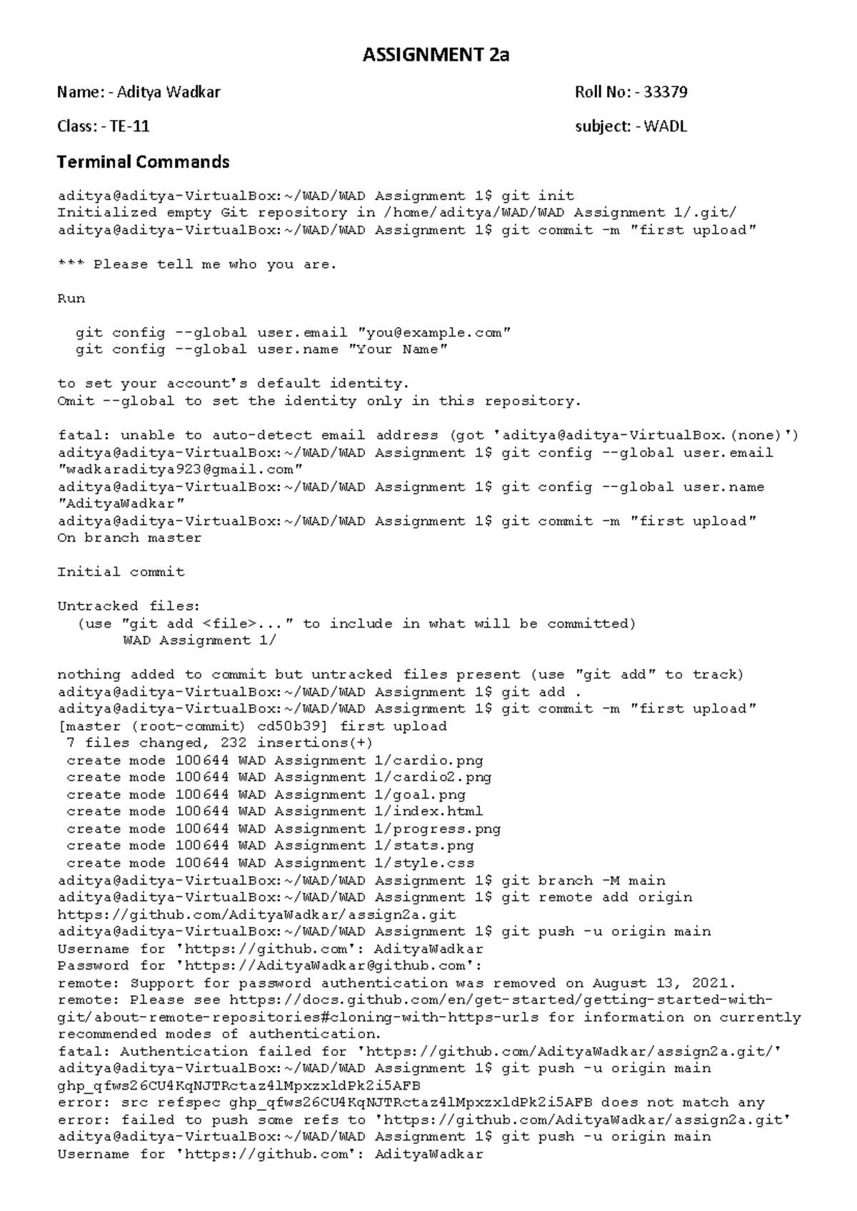 Assignment 2a - sdf - ASSIGNMENT 2a Name: - Aditya Wadkar Roll No ...