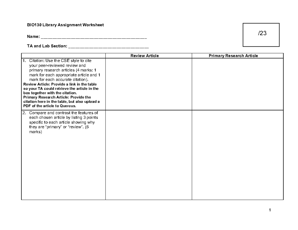 Library Assignment Worksheet 2022-1-3 - 1 BIO130 Library Assignment ...