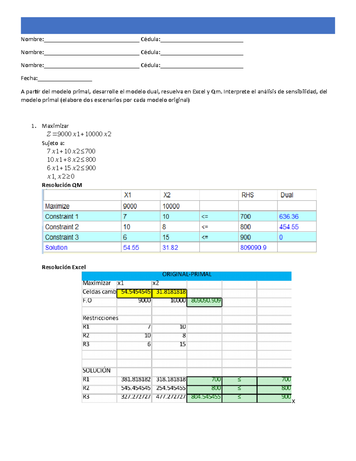 Practica ( Solver Y QM) - Nombre:______________________________ Cédula