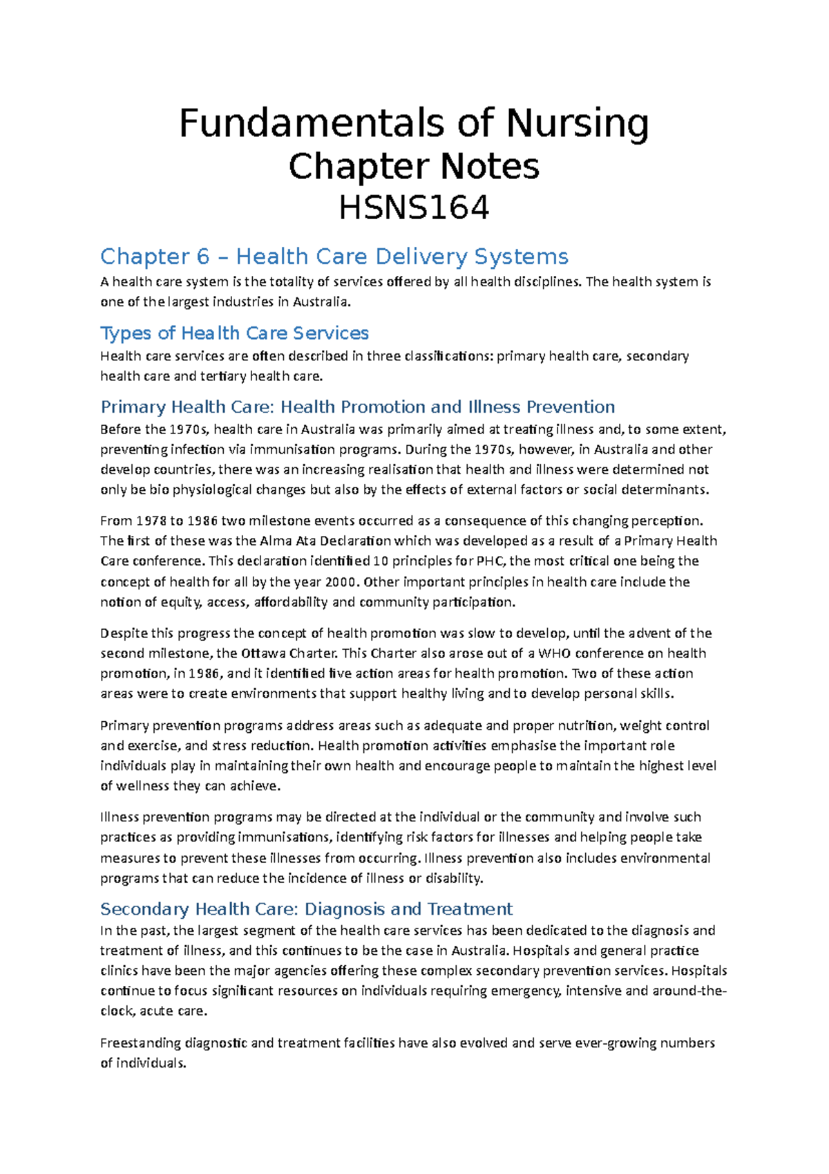 Chapter Notes - HSNS164 - Fundamentals of Nursing Chapter Notes HSNS164 ...