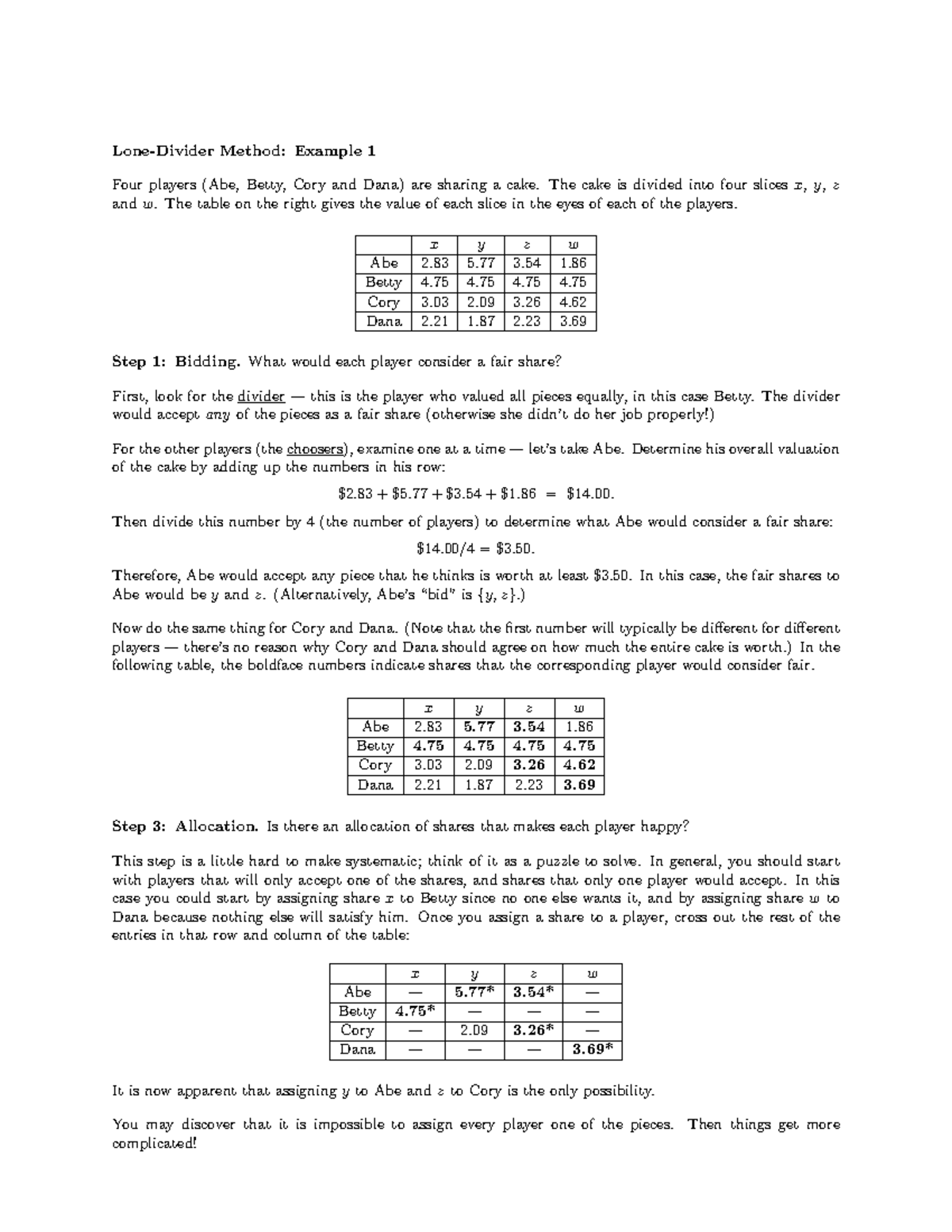 Seminar assignments - Lone-divider method example 1 - Method: Example 1 ...