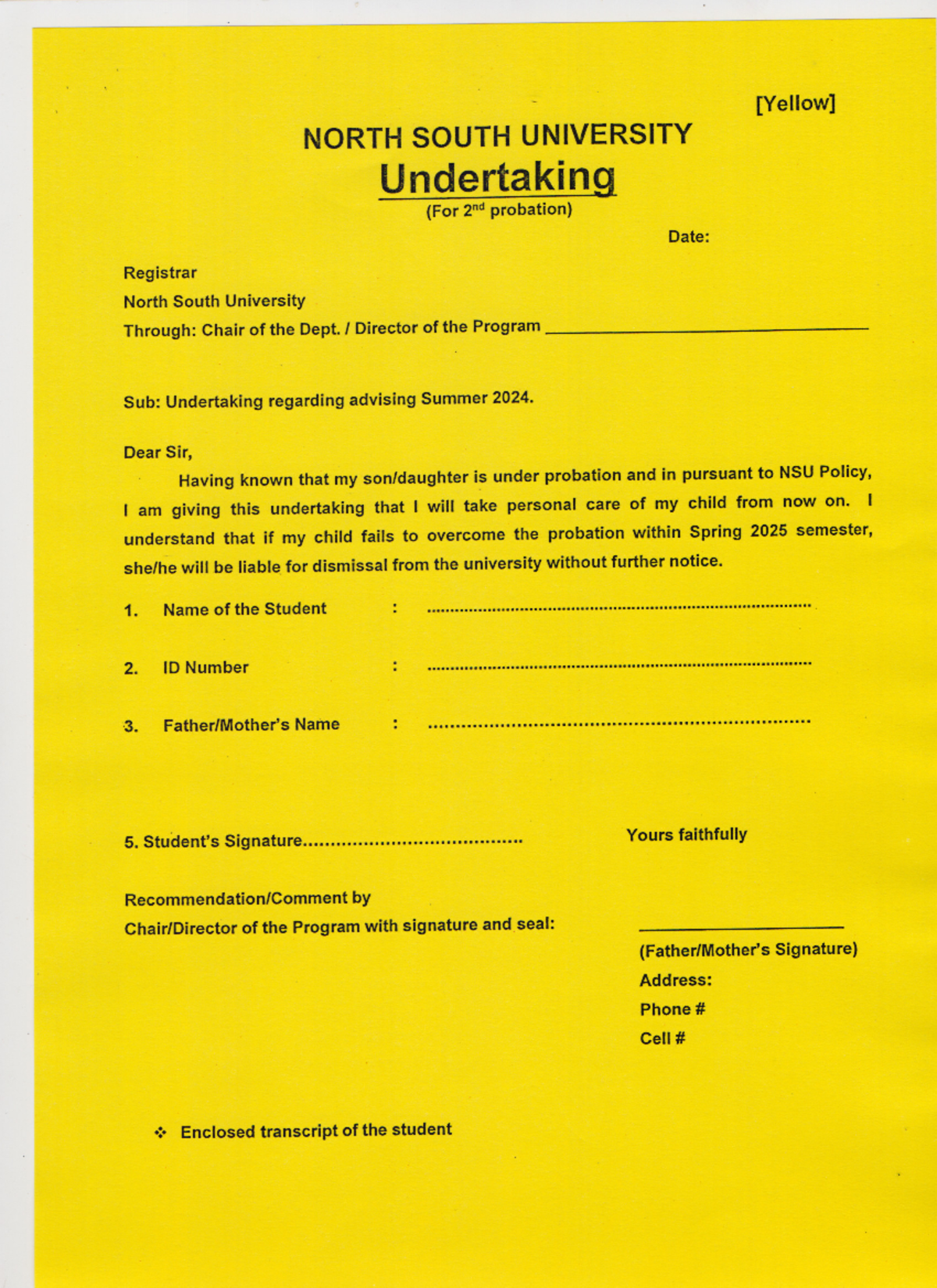 Probation 2 Yellow Form 242 - NORTH SOUTH UNIVERSITY Undertaking (For ...